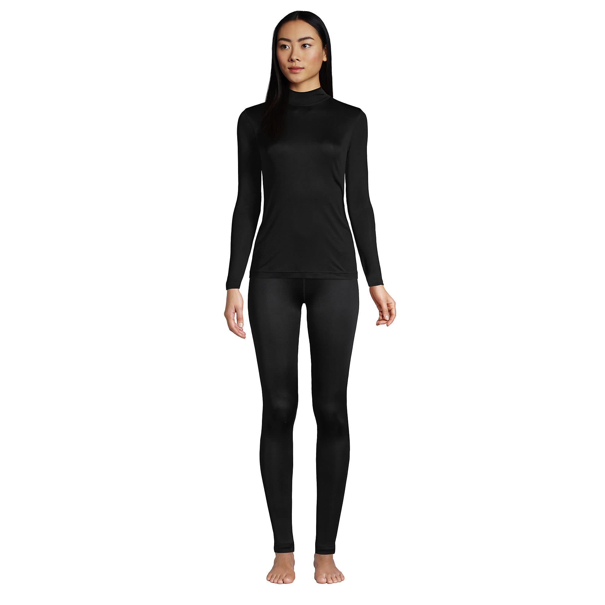 Lands' End Womens Silk Interlock Long Underwear Mock Black Regular Large