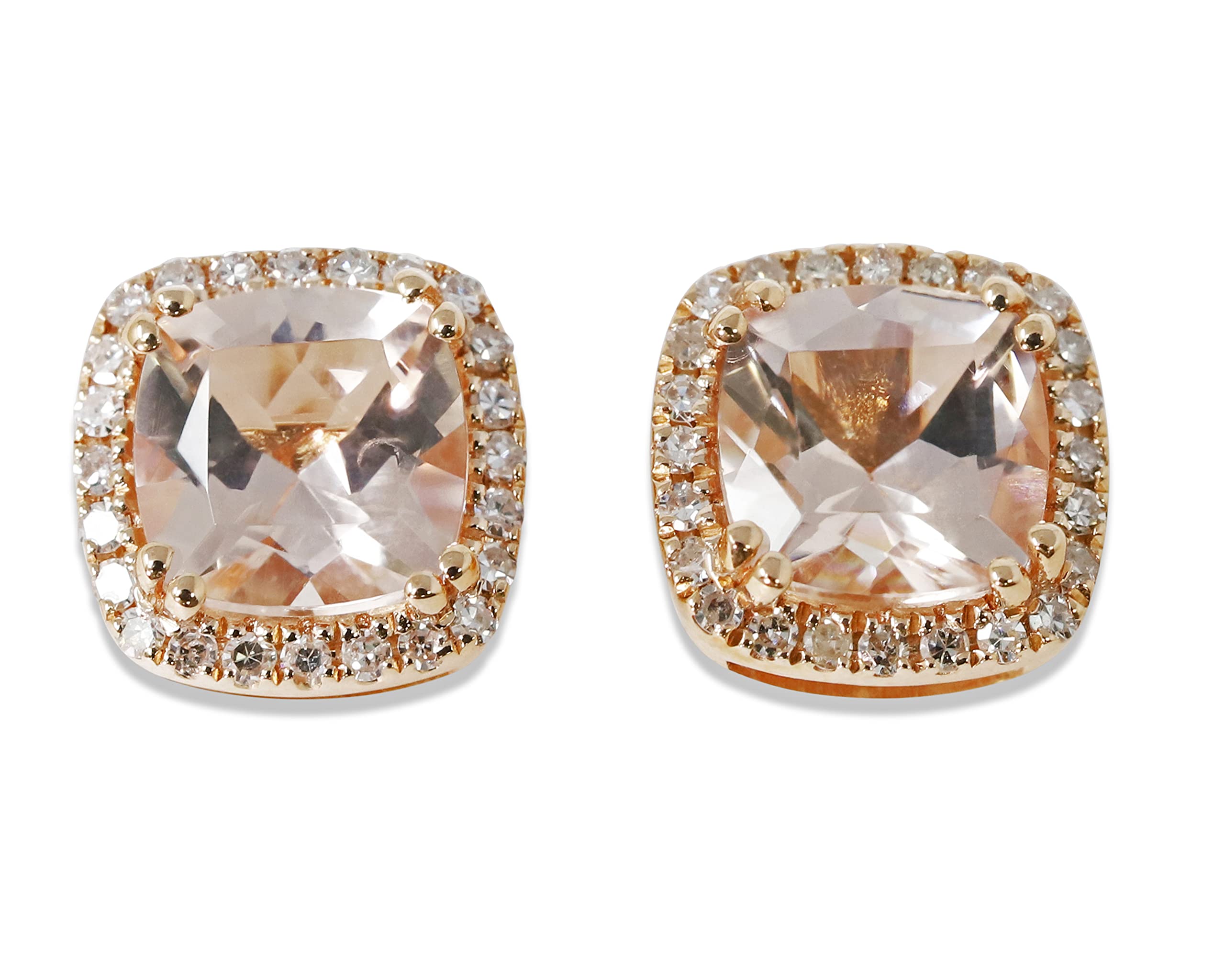 KOKAV 14K Rose Gold 6mm Cushion Genuine Morganite with Diamond Halo Studs Earrings