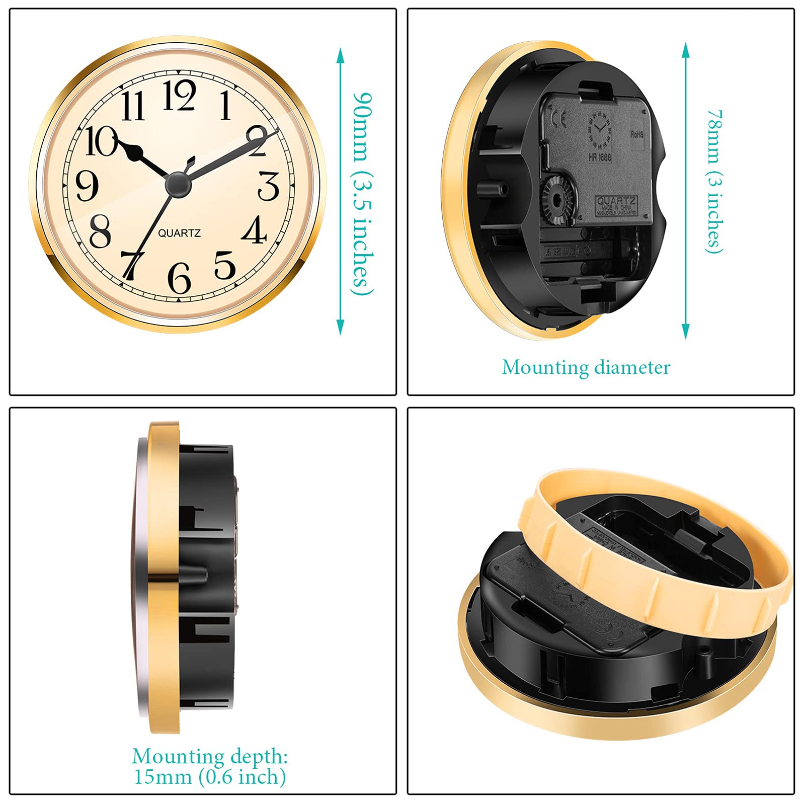 Hicarer 3-1/2 Inch (90 mm) Quartz Clock Fit-up/Insert with Arabic Numeral (Gold)