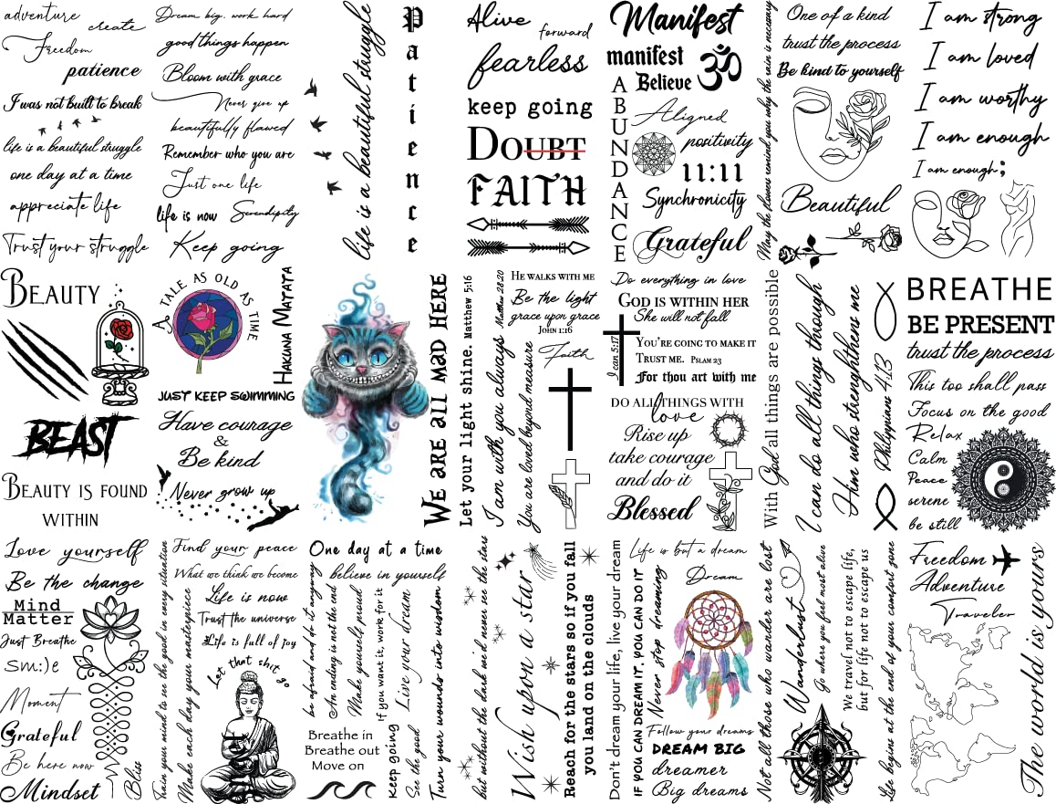 IMPRESSED Realistic Temporary Tattoos β 42 Custom Sheets Tiny Fake Self Care Tattoo β Inspirational Minimalist Affirmation Words and Motivational Quote Permanent Tats for Adult Teens Women Face Body