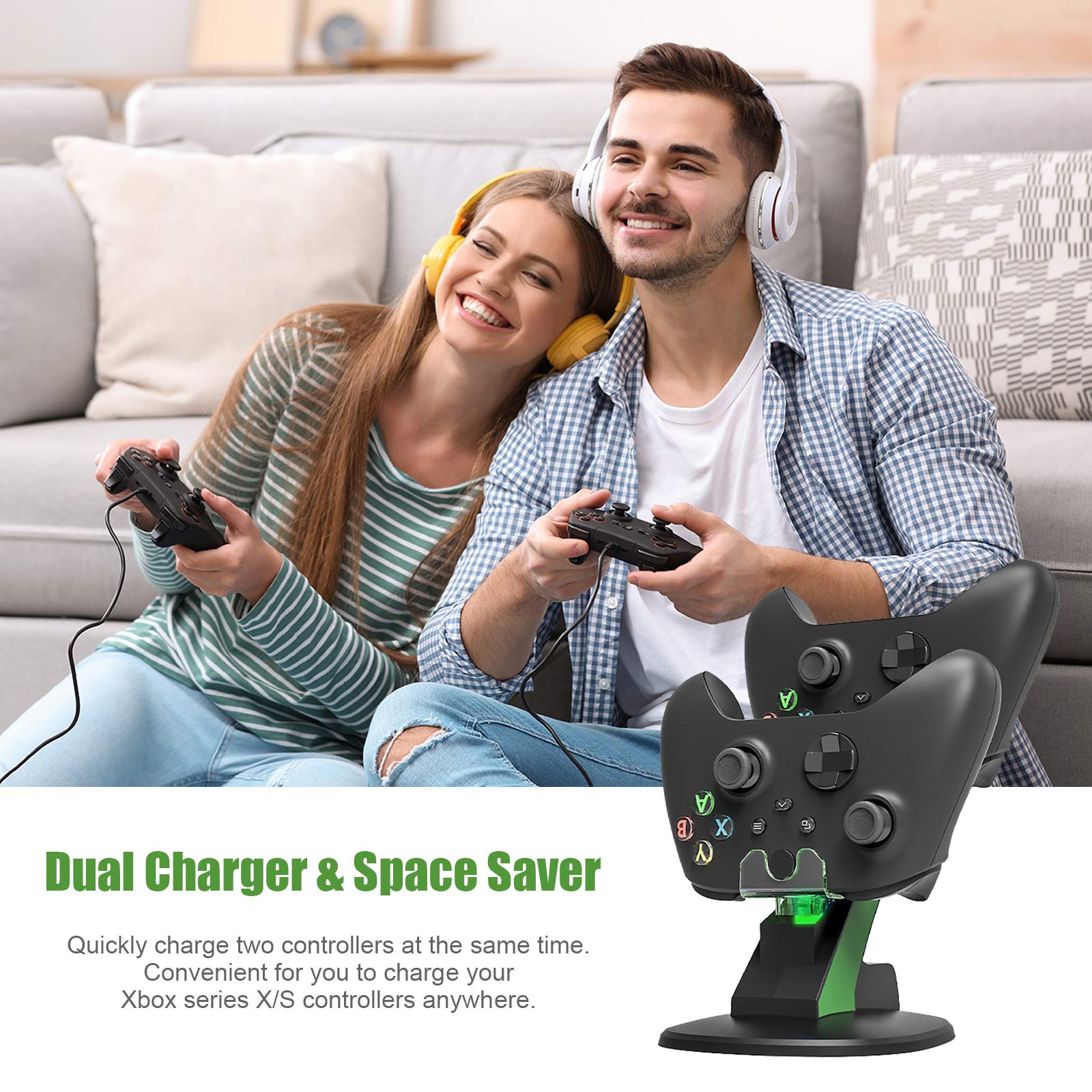ICQUANZX Dual Controller Charger Station for Xbox Series X/S, Charging Dock Bracket Stand for Xbox Serie S/X with 2X1400 mAh Rechargeable Battery Packs and USB C Port Charging Cable