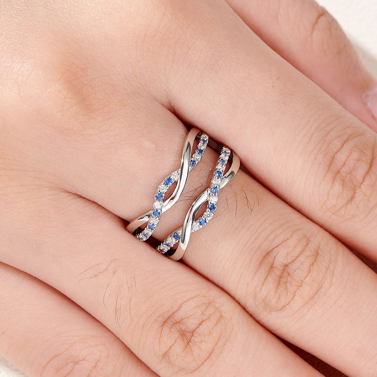 Newshe Jewellery Ring Enhancer for Engagement Rings AAAAA Cz Twisting Infinity 925 Sterling Silver Band with Blue Sapphire Size 7
