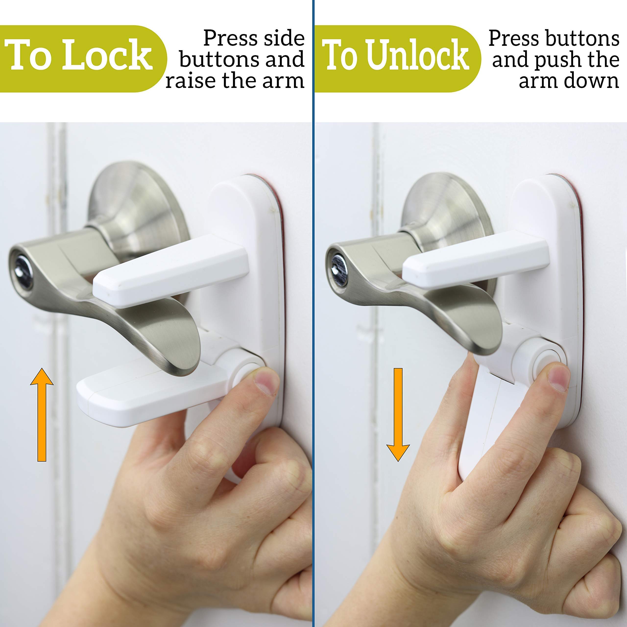 Improved Childproof Door Lever Lock (4 Pack) Prevents Toddlers From Opening Doors. Easy One Hand Operation for Adults. Durable ABS with 3M Adhesive Backing. Simple Install, No Tools Needed (White, 4)