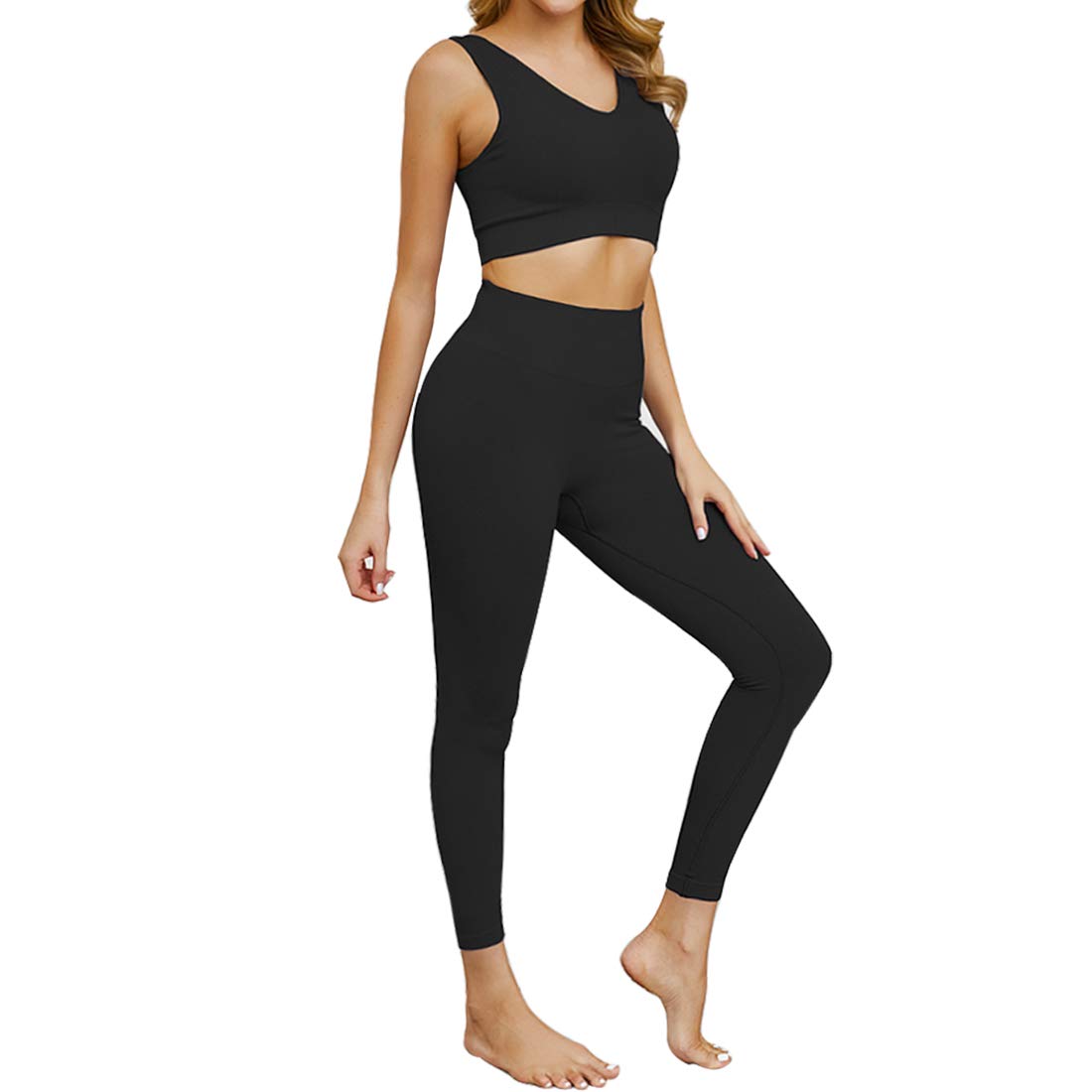 Jetjoy Women 2 PCS Workout Set Seamless Super Soft Material Deep V Neck Bra+Leggings Sports Suit Yoga Outfits