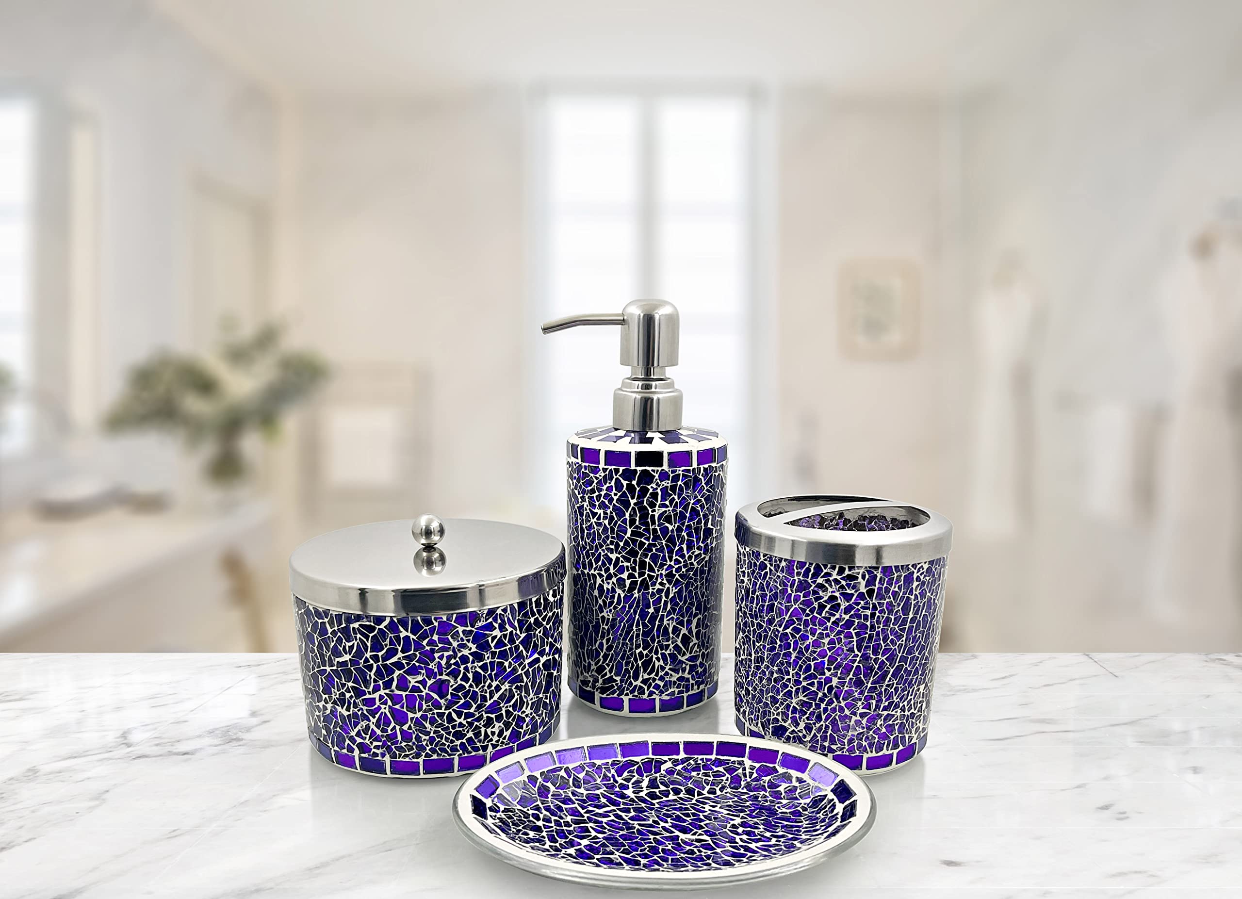 LushAccents Bathroom Accessory Set, 4-Piece Decorative Glass Bathroom Accessories Set, Soap Dispenser, Soap Tray, Jar, Toothbrush Holder, Elegant Seafoam Green Mosaic Glass