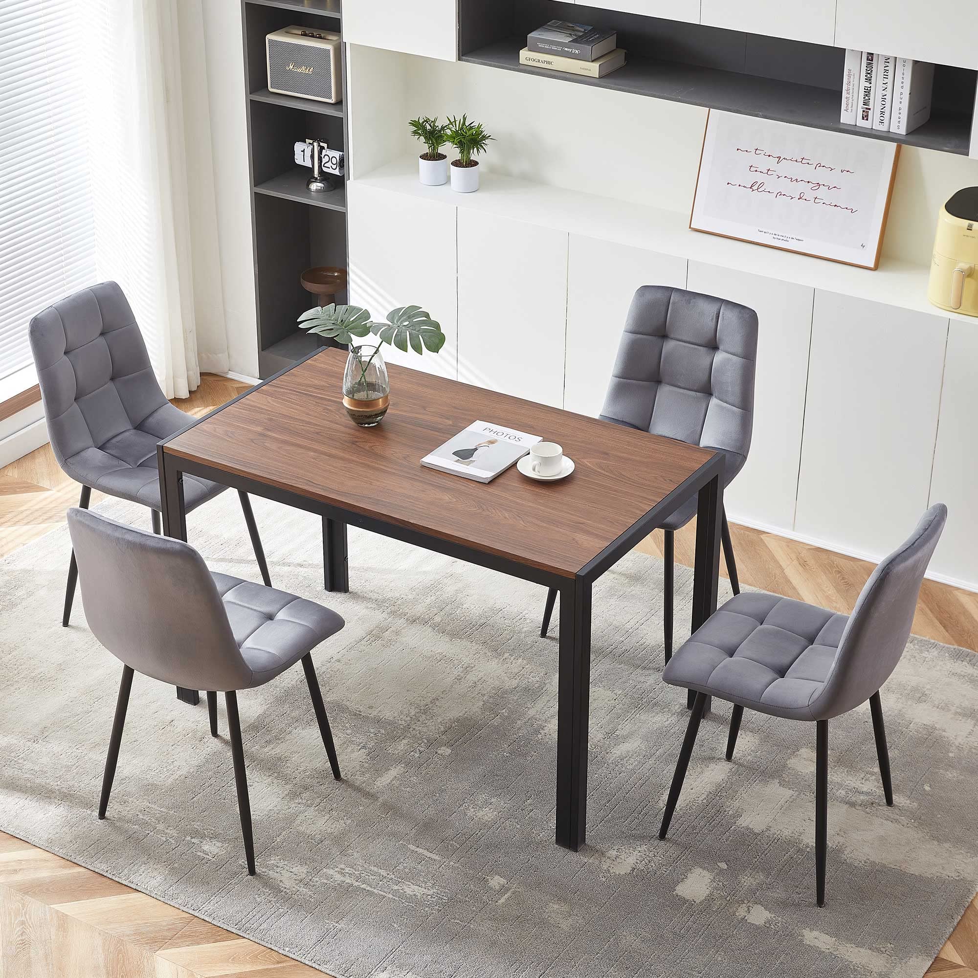Homedot Modern Dining Room Set for 4, 5 Pieces Dining Table Set, Solid Walnut Table Imitation Wood with Sturdy Metal Frame&Legs, Comfy Velvet Dining Chair Armless for Space Saving, Stylish Dinette Set
