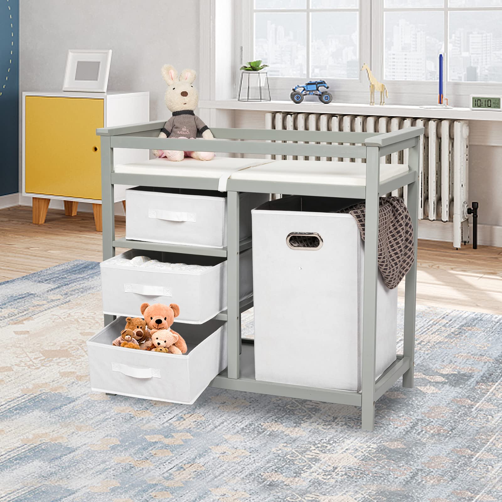 Kinsuite Baby Care Table - Diaper Changing and Clothes Table, with Storage Cloth Drawer and Dirty Clothes Basket, Including Cushion, Safe and Comfortable, Grey