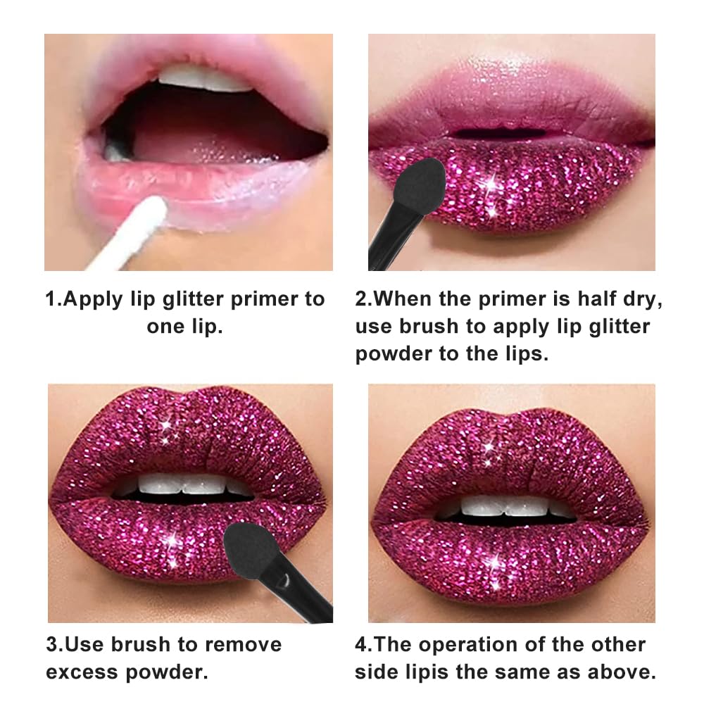 IYARKAI Glitter Lip Kit, 4 Colors Glitter Lip Kit Gloss, Metallic Shimmer Glitter Powder, With Lip Primer and Brush for Making Metallic Glitter for Lips and Nails