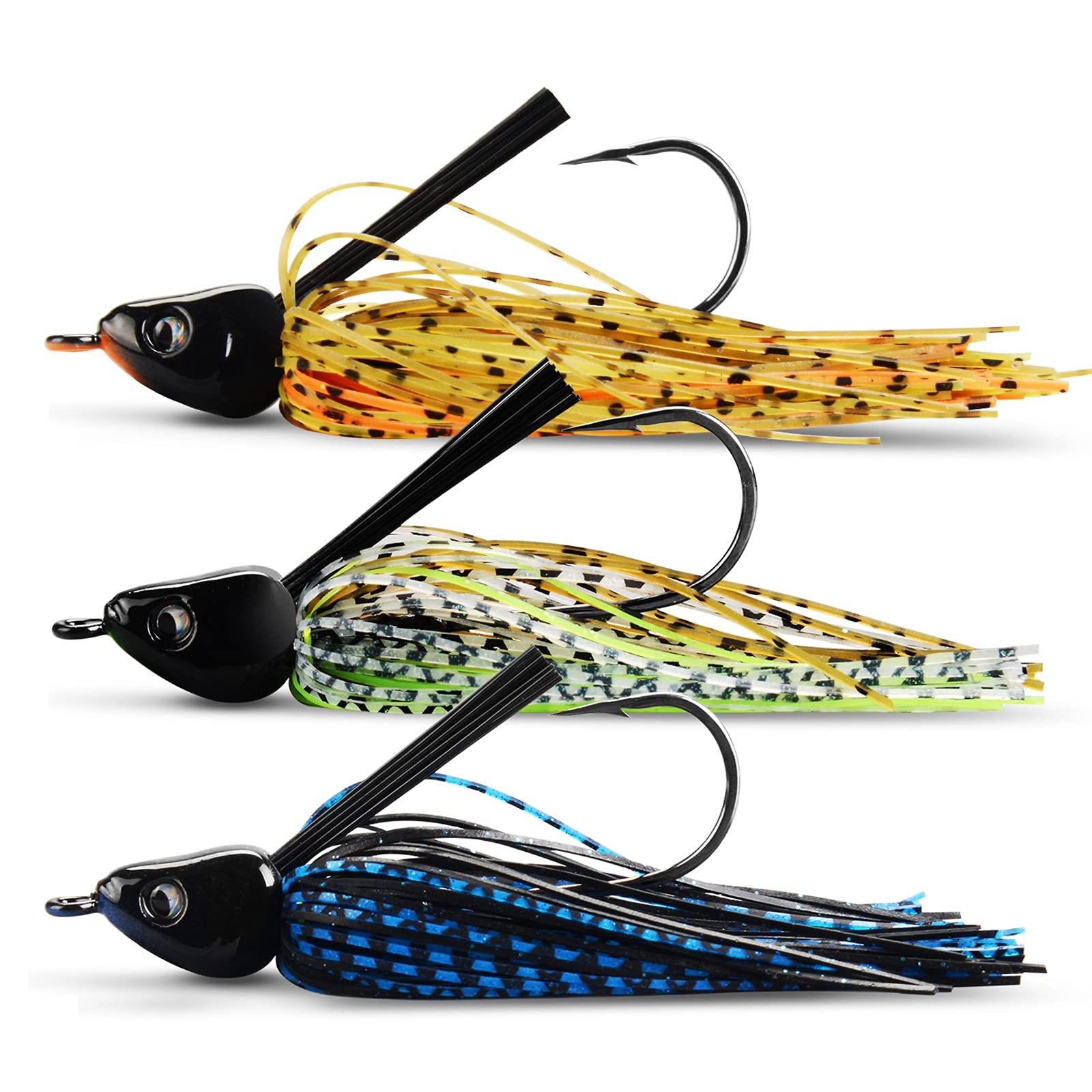 MadBite Swim Jig Fishing Lures, Heavy Brush Guard, Silicone Skirt, Sticky-Sharp Heavy-Wire Needle Point Hooks, Popular 3/8 oz Sizes, 3 pc Multi-Color Kits, includes Storage Box, Muddy Water