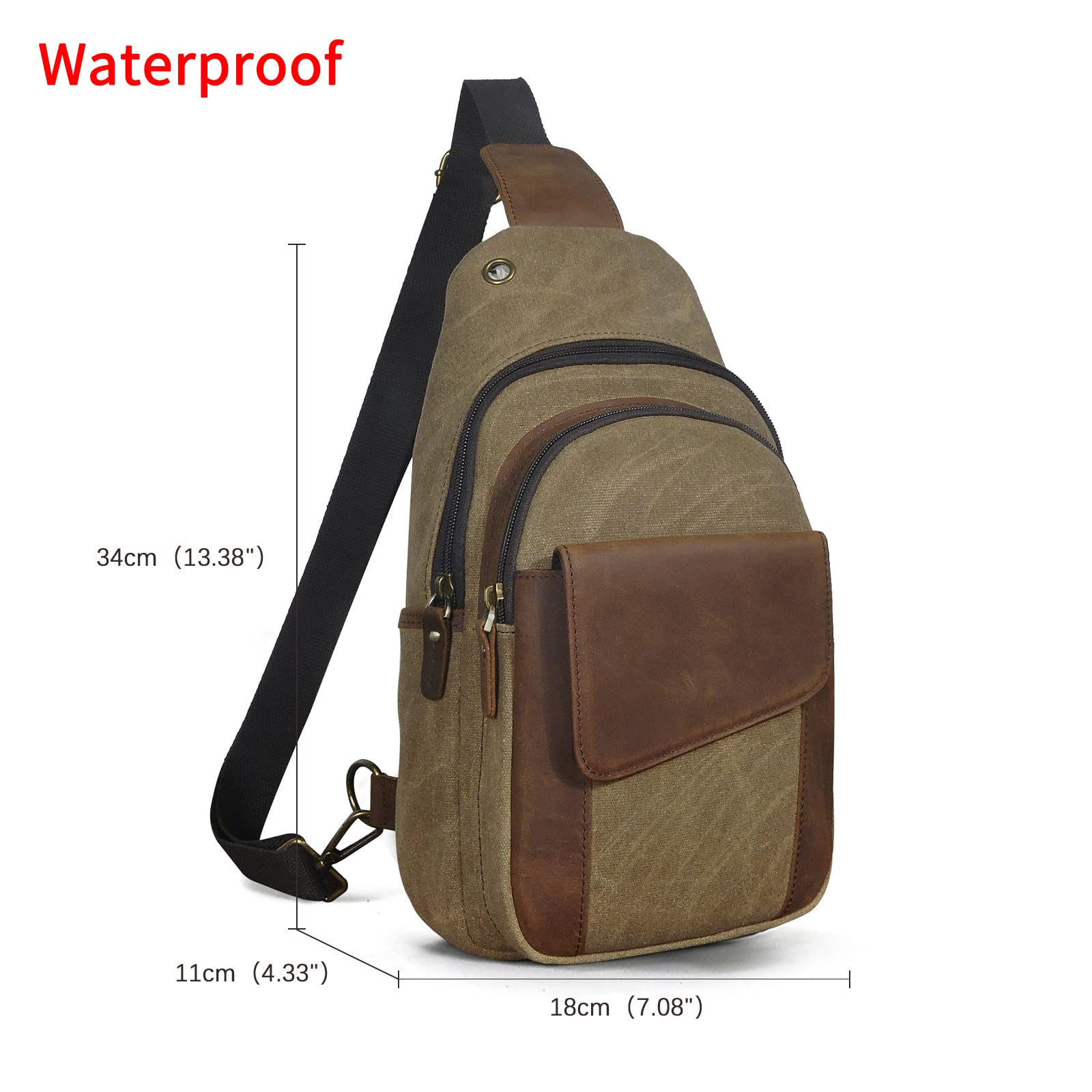 Le'aokuu Men Canvas And Genuine Leather Outdoor Casual Travel Hiking Waterproof Crossbody Chest Sling Bag Shoulder Strap Backpack 8013 (0 Brown)