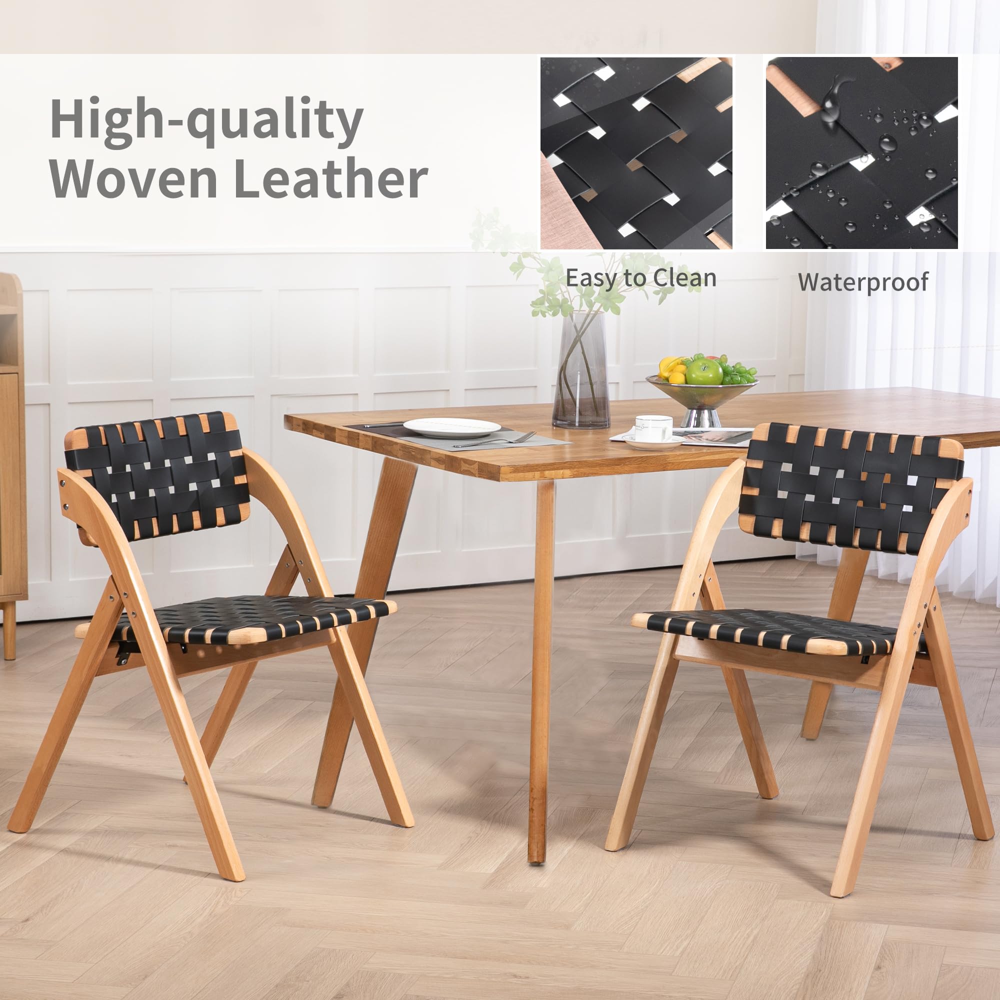 HOMEFUN PU Folding Chairs with Padded Seats, Wooden Stackable Dining Chairs Set of 2 Assembled Folding Extra Chair for Guests Kitchen Office Wedding