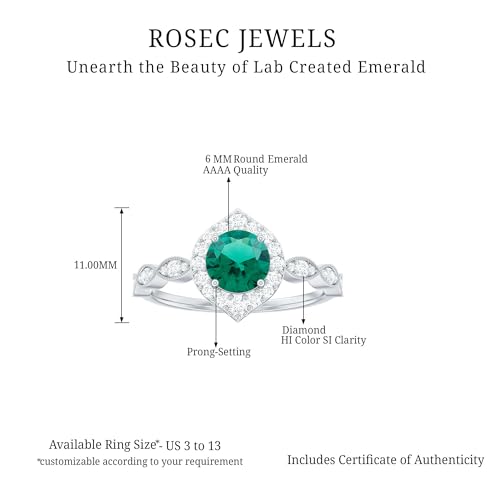 Lab Grown Emerald Diamond Engagement Ring, AAAA Quality, Certified 6 MM Round Emerald Halo Ring (With Jewelry Box), 14K Yellow Gold, Size:US 7.00