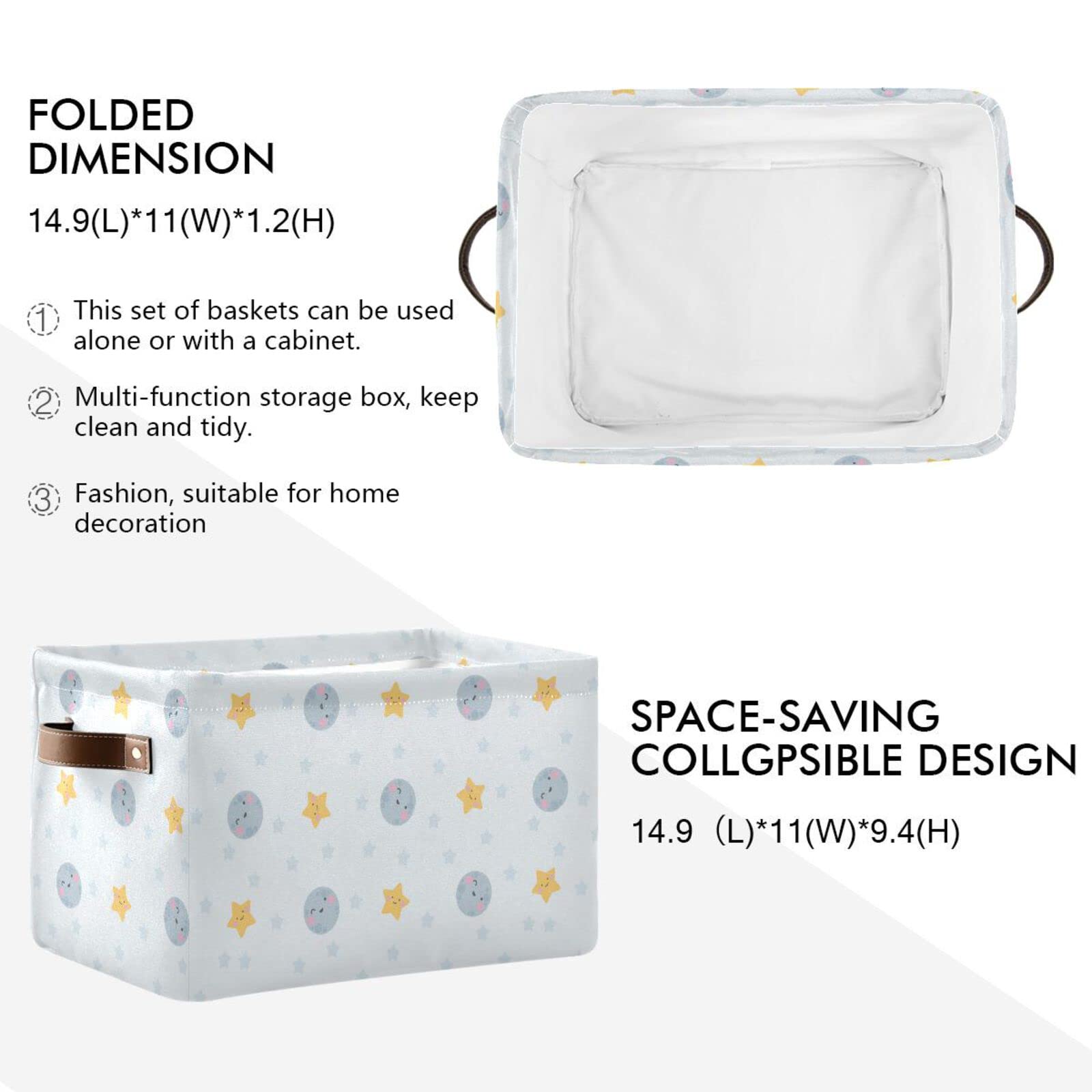 KEEPREAL Cute Moon Stars Storage Basket Bin, Large Cube Storage Box Canvas Collapsible Storage Organizer for Home Office Closet - 15 L x 11 W x 9.5 H