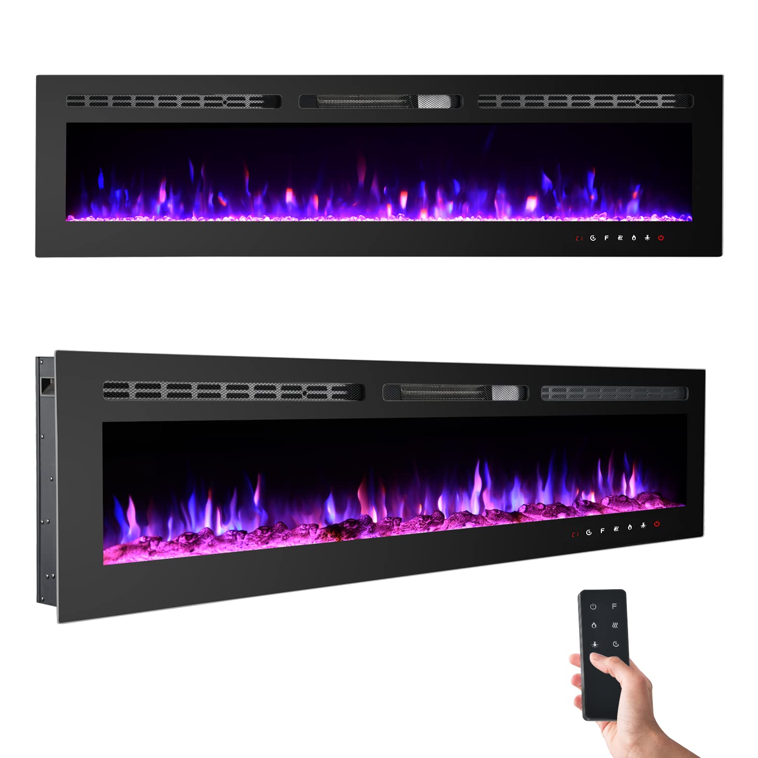 LIFETEN 60 in Electric Fireplace Insert,Recessed and Wall Mounted Fireplace Heater with Timer,Free Standing,Remote Control,Touch Screen,Overheating Protection,Log&Crystal,9 Adjustable Flame,750/1500W