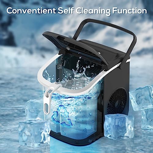 ZAFRO Countertop Portablewith Ice Maker Machine Handle, Mackes up to 26LBS/24H, 9 Cubes in 6 mins,Self -Cleaning Ice Maker with Ice Scoop and Ice Bag(Black)