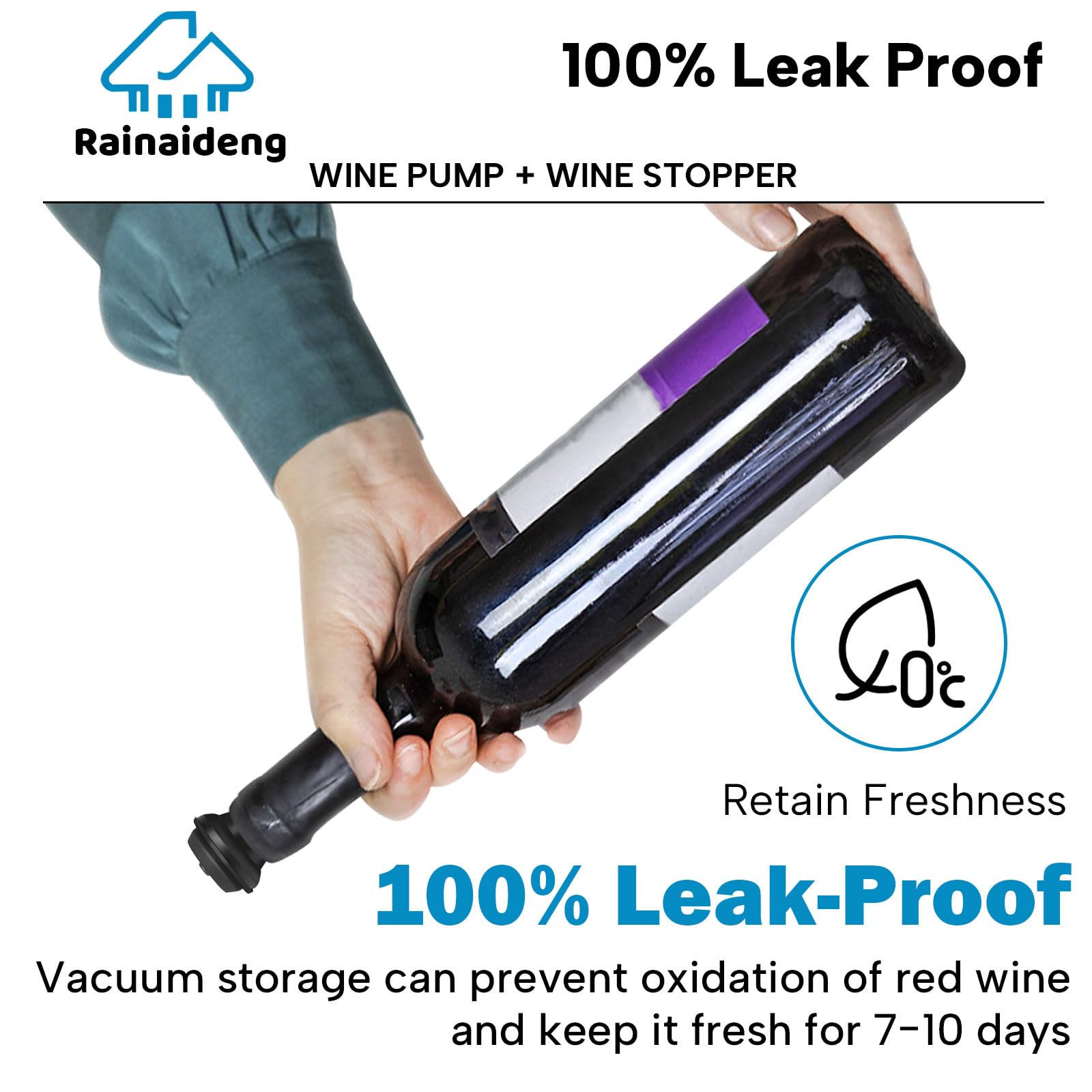 Rainaideng Wine Saver Pump with 6 Vacuum Stoppers,Wine Stopper, Wine Preserver, Wine Pump and Wine Vacuum Stopper are Black,Reusable Bottle Sealer Keeps Wine Fresh, Ideal Wine Accessories Gift