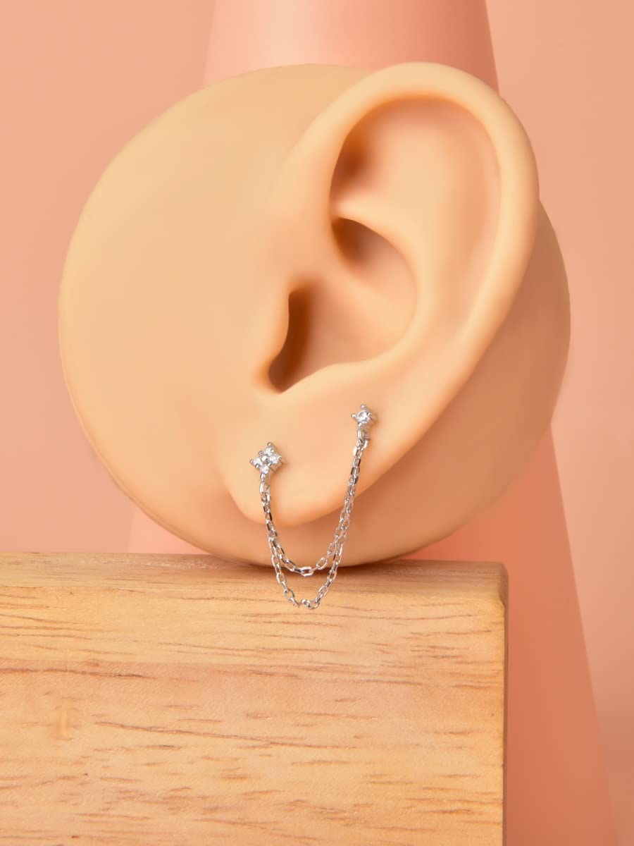 Lansora Double Piercing Earrings Silver Gold Cz Cubic Zirconia Stone Chain Link Dangle Stud Earrings