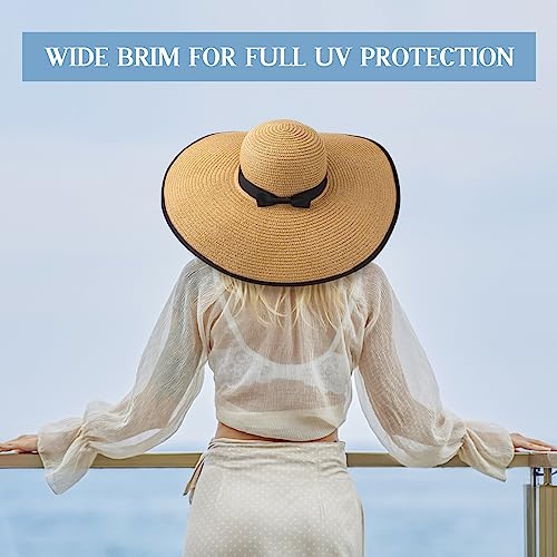 Womens Sun Hat UV Protection Wide Brim Beach Hat Floppy Foldable Roll-Up Straw Hats for Women UPF 50, E Khaki&Black
