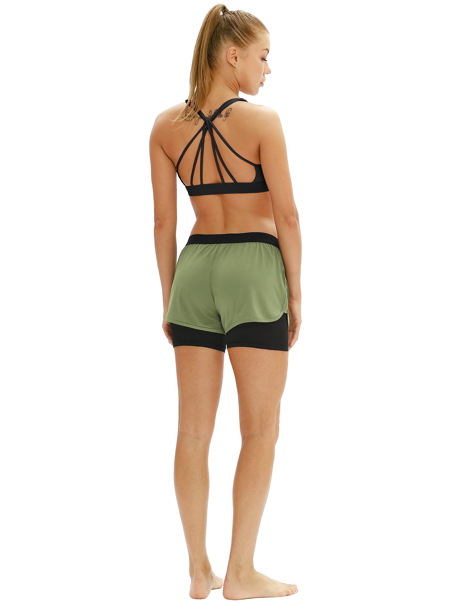 icyzone Running Yoga Shorts for Women - Activewear Workout Exercise Athletic Jogging Shorts 2-in-1 (M, Olive)