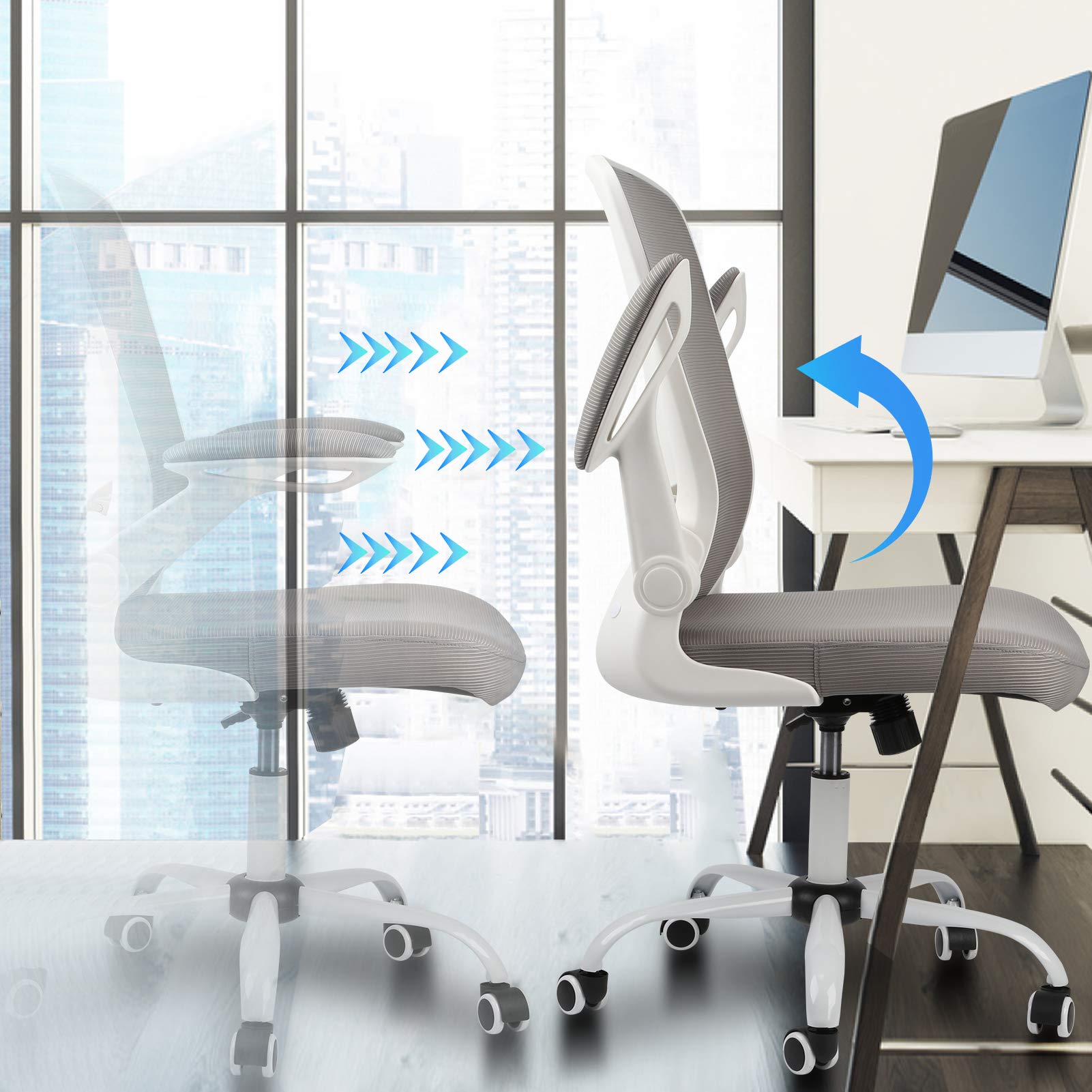 Komene Ergonomic Office Chair Mesh Computer Chair Swivel Recliner Chair with Lumbar Support and Flip-up Arms, Mid Back Adjustable Seat Height (g)