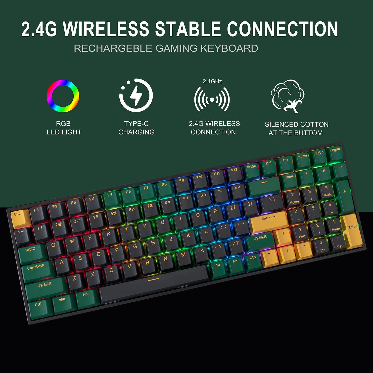 ONE METER Wireless Mechanical Keyboard, RGB Backlit Full Size 100 Keys with Hot Swappable Gateron Switches and PBT Keycaps, Bluetooth5.0/2.4G/Wired Rechargeable Gaming Keyboard for Mac Windows PC