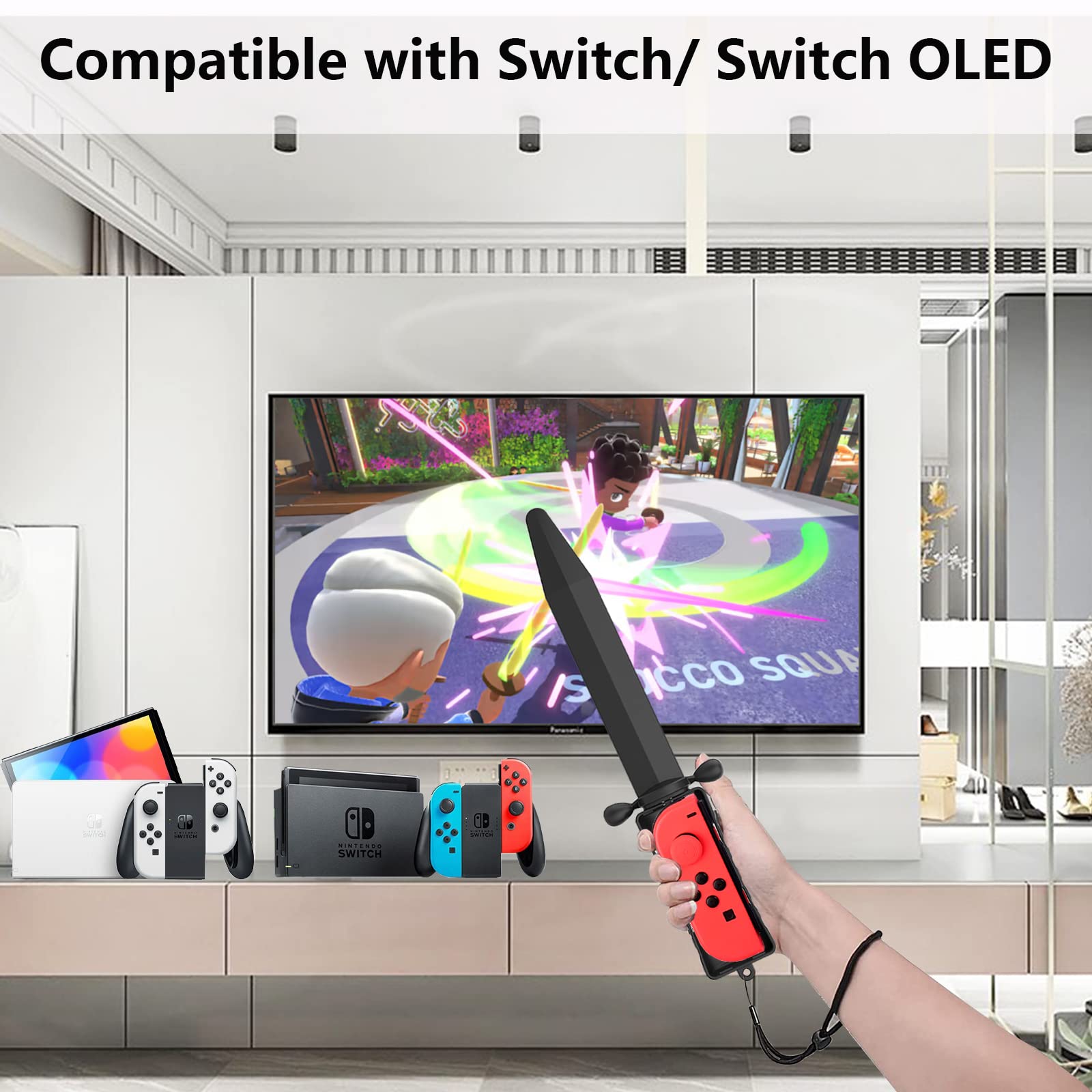 KUNSLUCK Sword Grip for Nintendo Switch Sports (Swordplay), Compatible with Switch/Switch OLED with Adjustable Wrist Strap, Black (2 Pack)