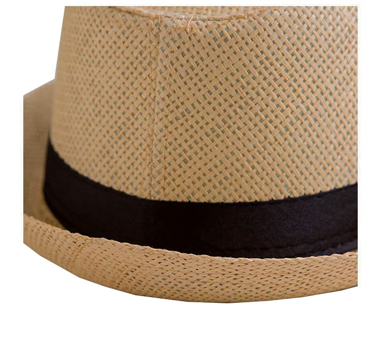 Mens Summer Straw Short Brim Fedora Panama Trilby Beach Sun Hat Khaki