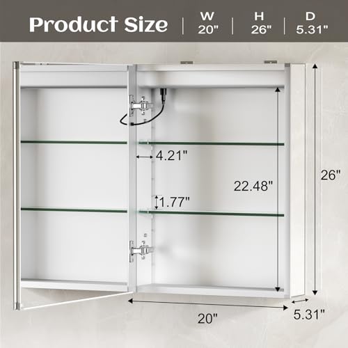 ROOMTEC LED Lighted Medicine Cabinet with Mirror 20"*26",Bathroom Mirror Cabinet with Lights, Outlet and USB, Recessed or Wall Mounted, Adjustable Shelf, 3-Color, Dimmer, Anti-Fog