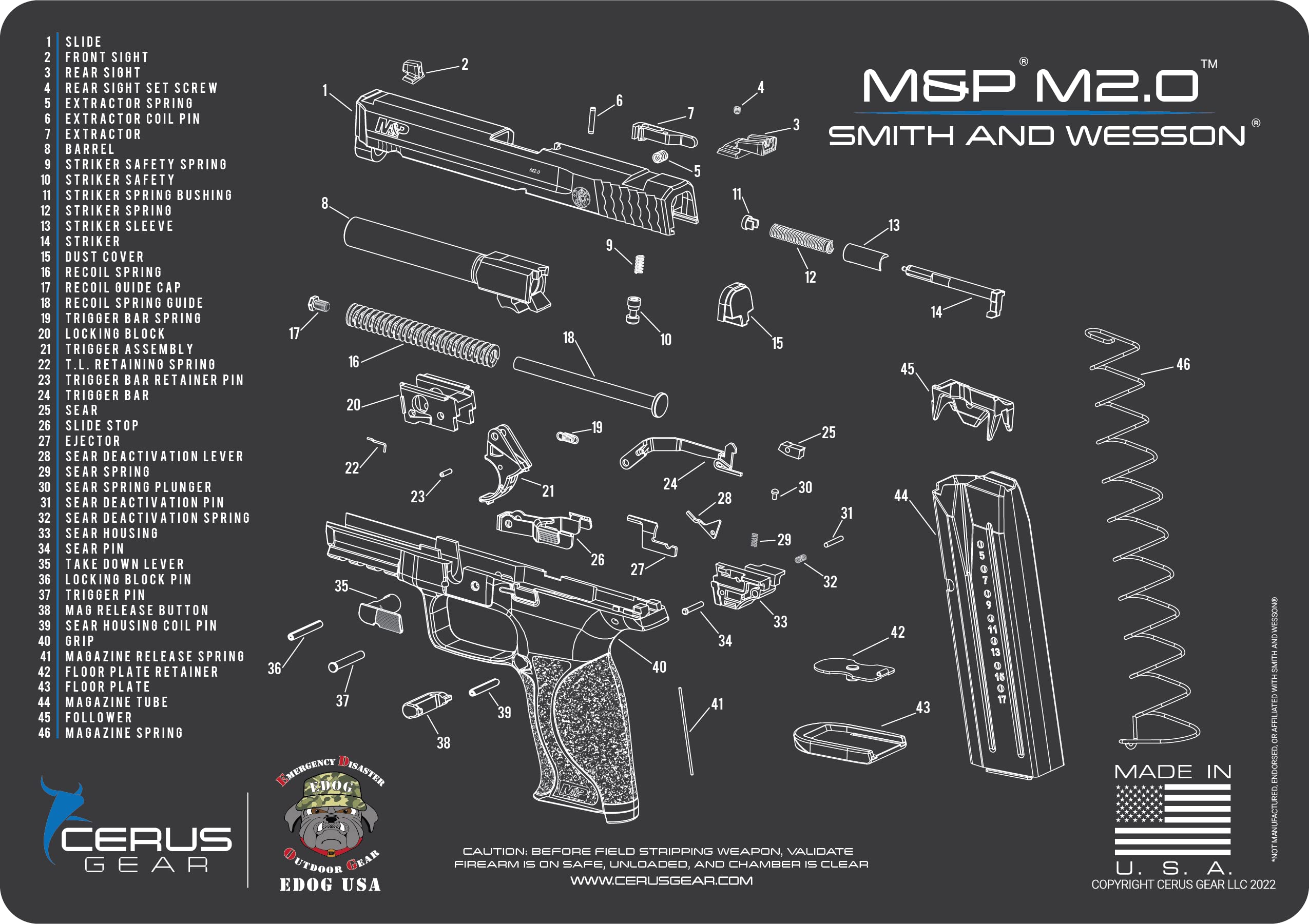 M&P 2.0 Gun Cleaning Mat - Schematic (Exploded View) Diagram Compatible Withn M&P 2.0 Series Pistol 3 mm Padded Pad Protect Your Firearm Magazines Bench Surfaces Gun Oil Solvent Resistant