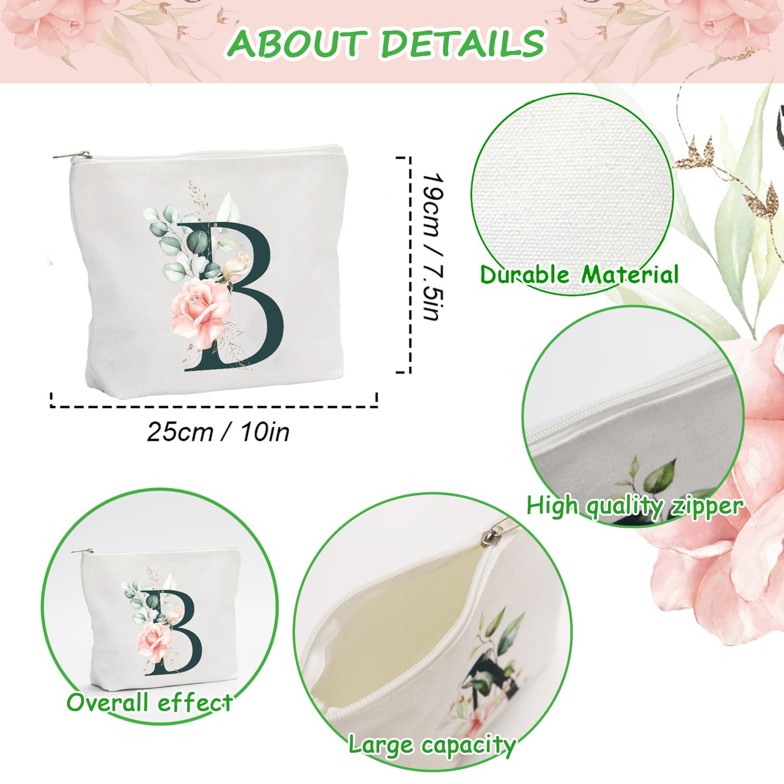 meetyours Initial Tote Bag and Letter Cosmetic Bag Canvas Beach Bag Bridesmaid Birthday Wedding Bachelorette Party Gift (a)