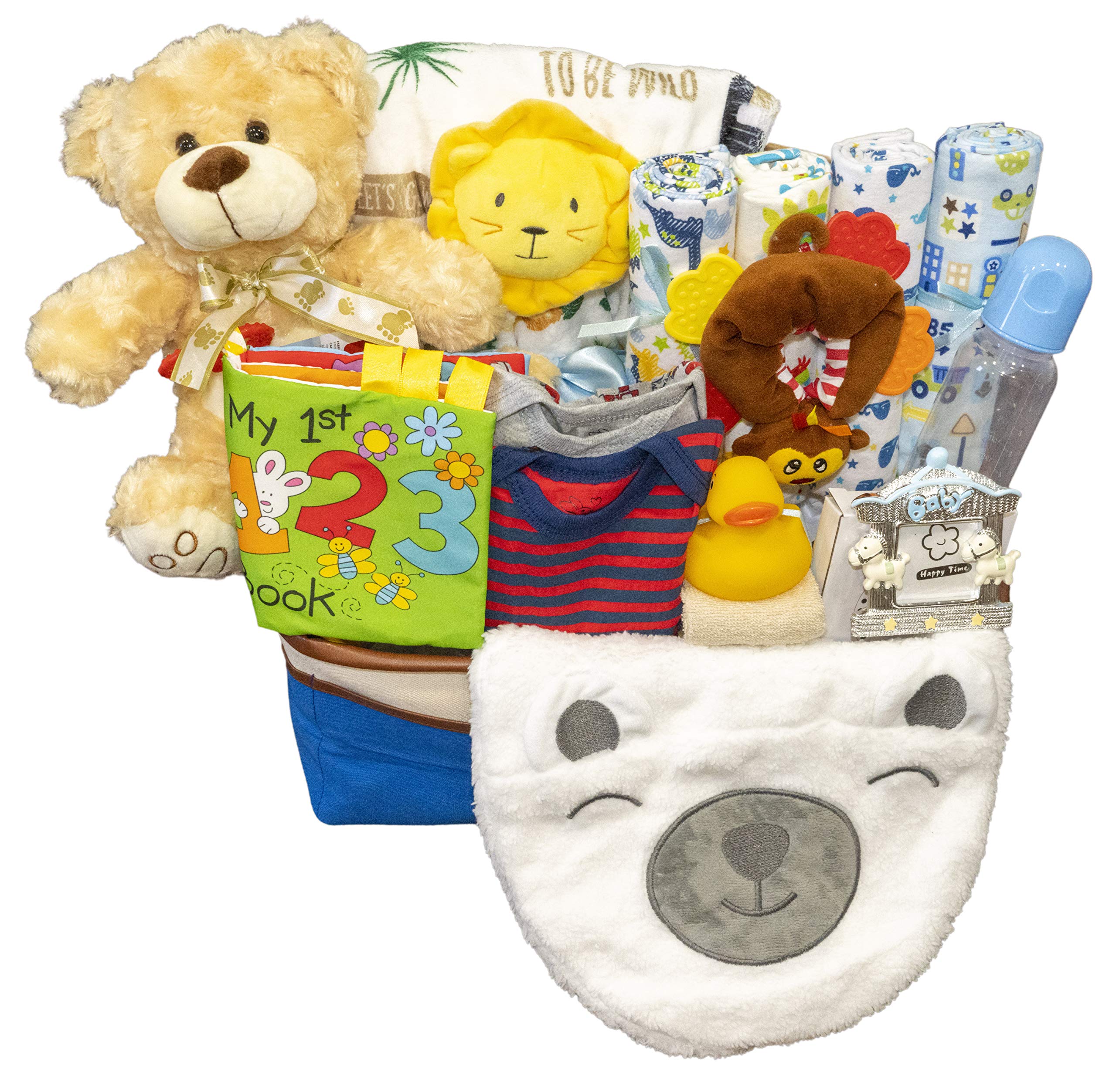 Joyful Arrival Deluxe Baby Boy Gift Set - Diaper Organizer, Baby Clothes & Much More