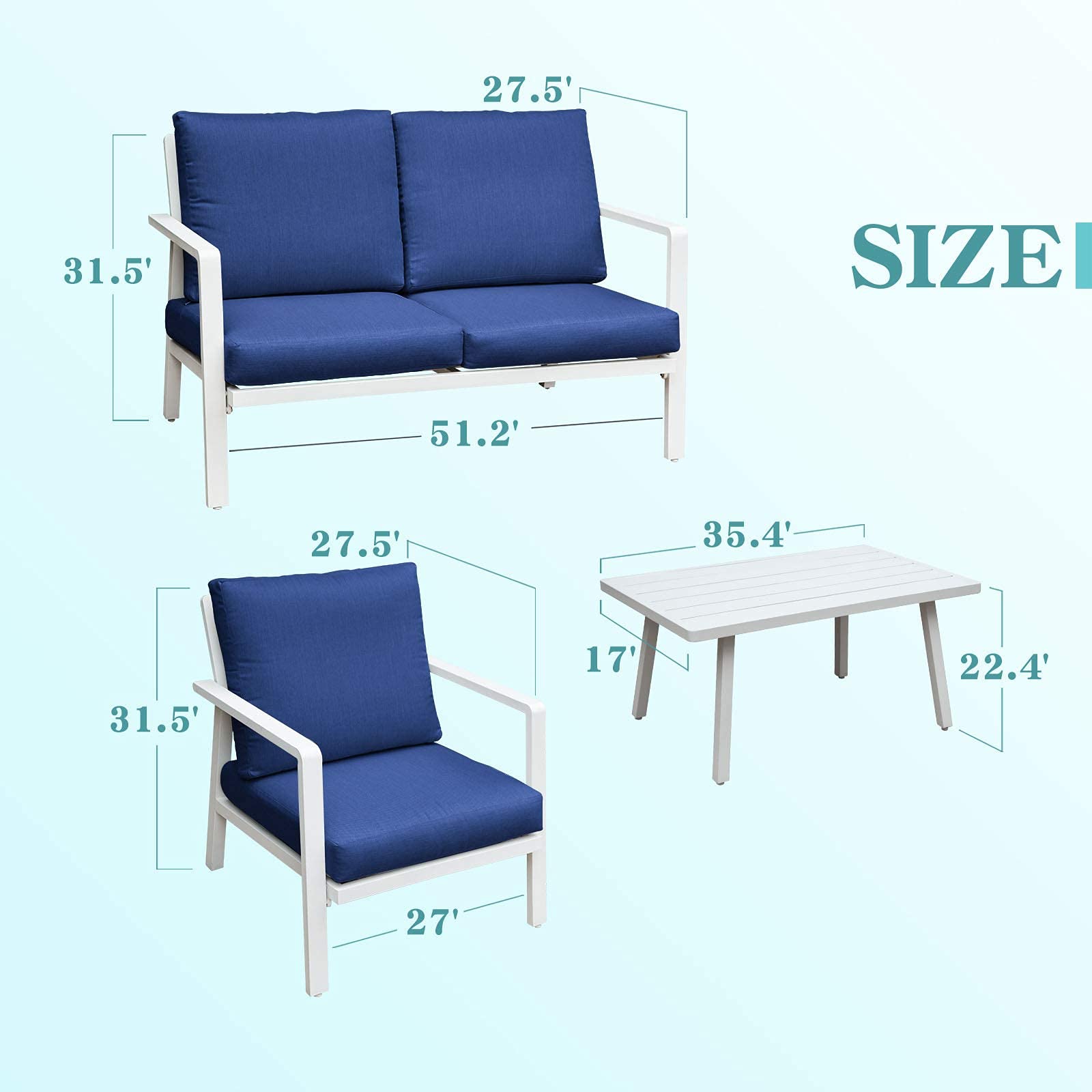 HL 4 Piece Patio Outdoor Furniture Sets Aluminum Frame Cushioned Conversation Set with Coffee Table, Modern Chat Set for Home and Backyard (Blue)