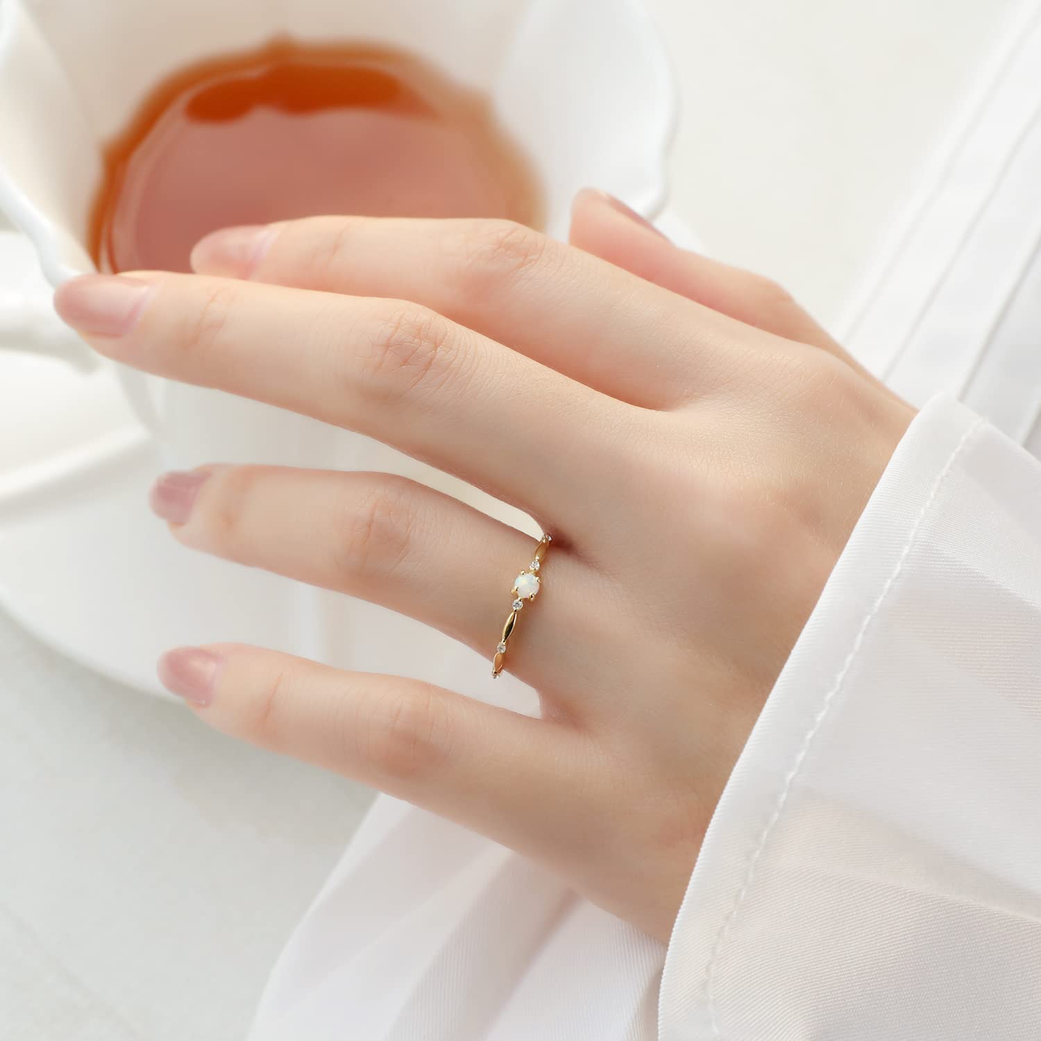 Meissa Sterling Silver Opal Ring for Women White Fire Opal October Birthstone Dainty Minimalist Stackable Ring Gold Promise Ring Size 5-8 (Silver, 7)