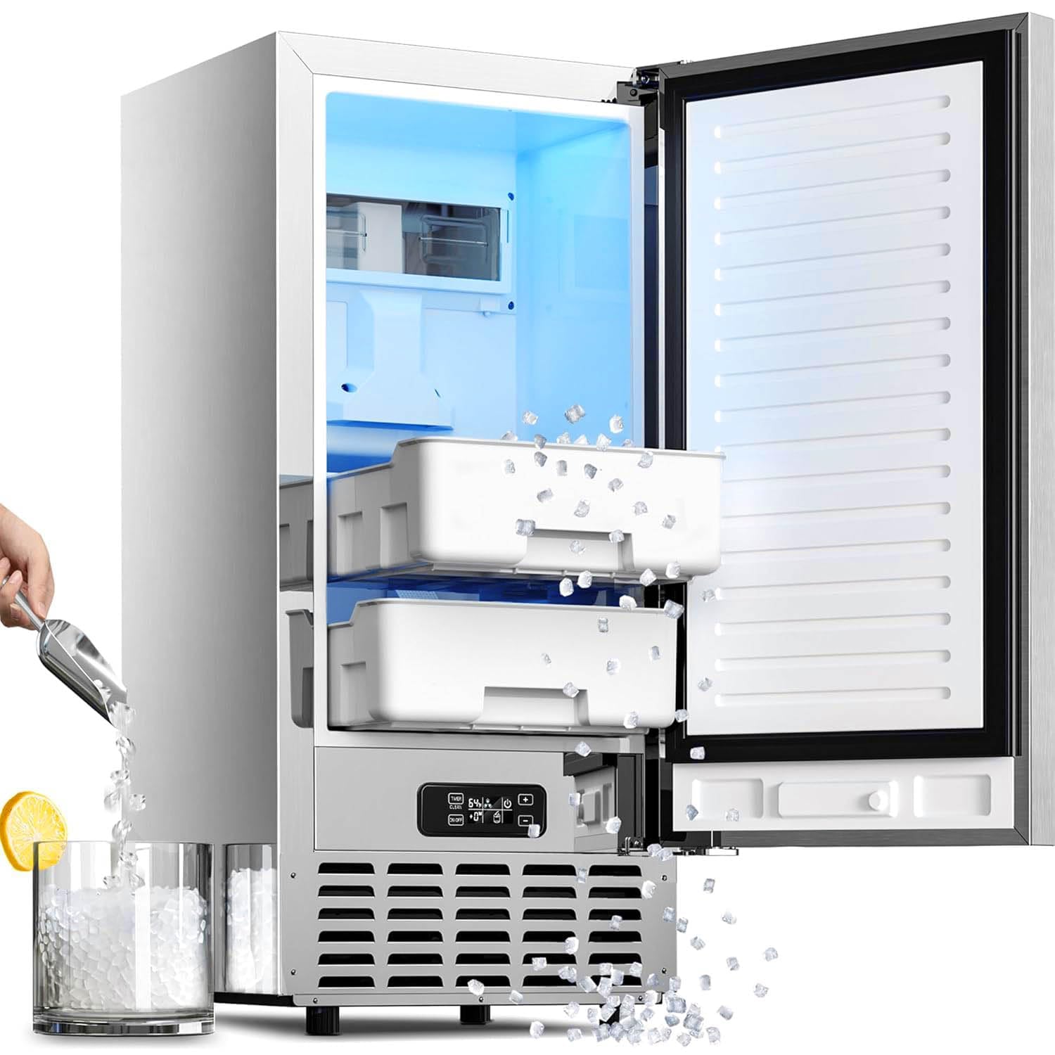 Under Counter Nugget Ice Maker Machine with Drain Pump, 70Lbs/Day, Built-in Nugget Ice Machine with Pebble Ice, 24H Timer & Self-Cleaning, Double ice Baskets, UnderCounter Ice Machine for Home Use
