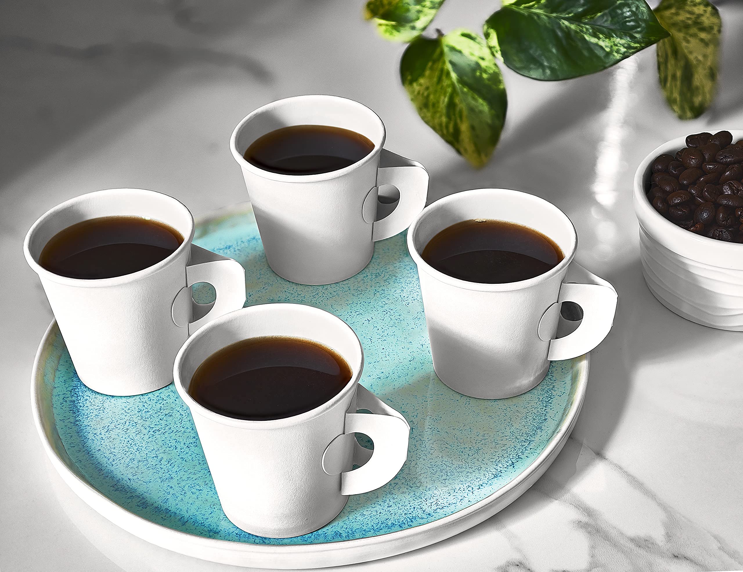 Kingzak Premium Espresso White Paper Cups with Handles - 4 oz (50 Pack) - Elegant, Eco-Friendly & Perfect for Creamy Coffee Moments