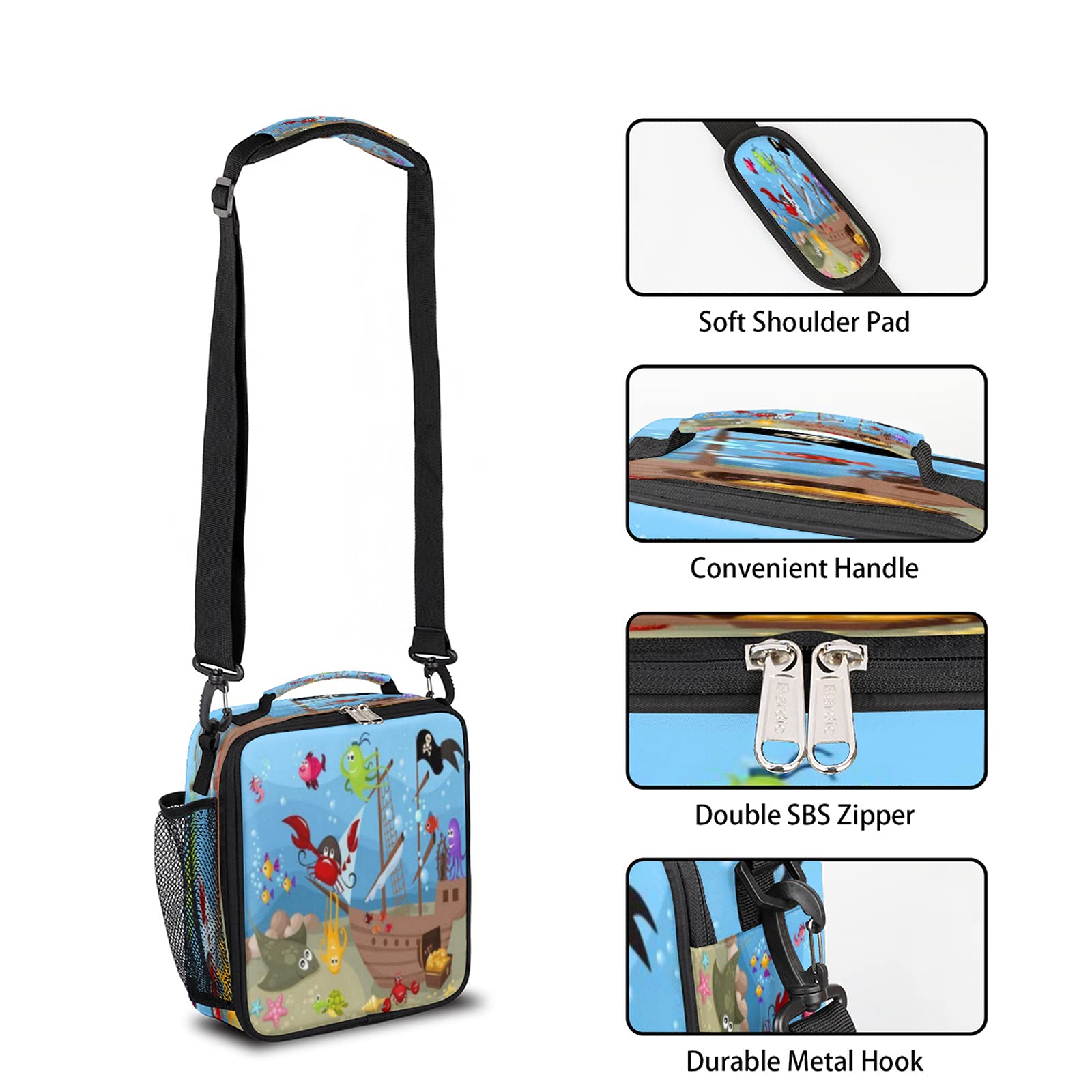 Insulated Lunch Bag for Women Men Pirate Ship Crab Lunch Box with Adjustable Shoulder Strap & Side Pocket Meal Prep Cooler Bag for School Work Picnic Beach Fishing