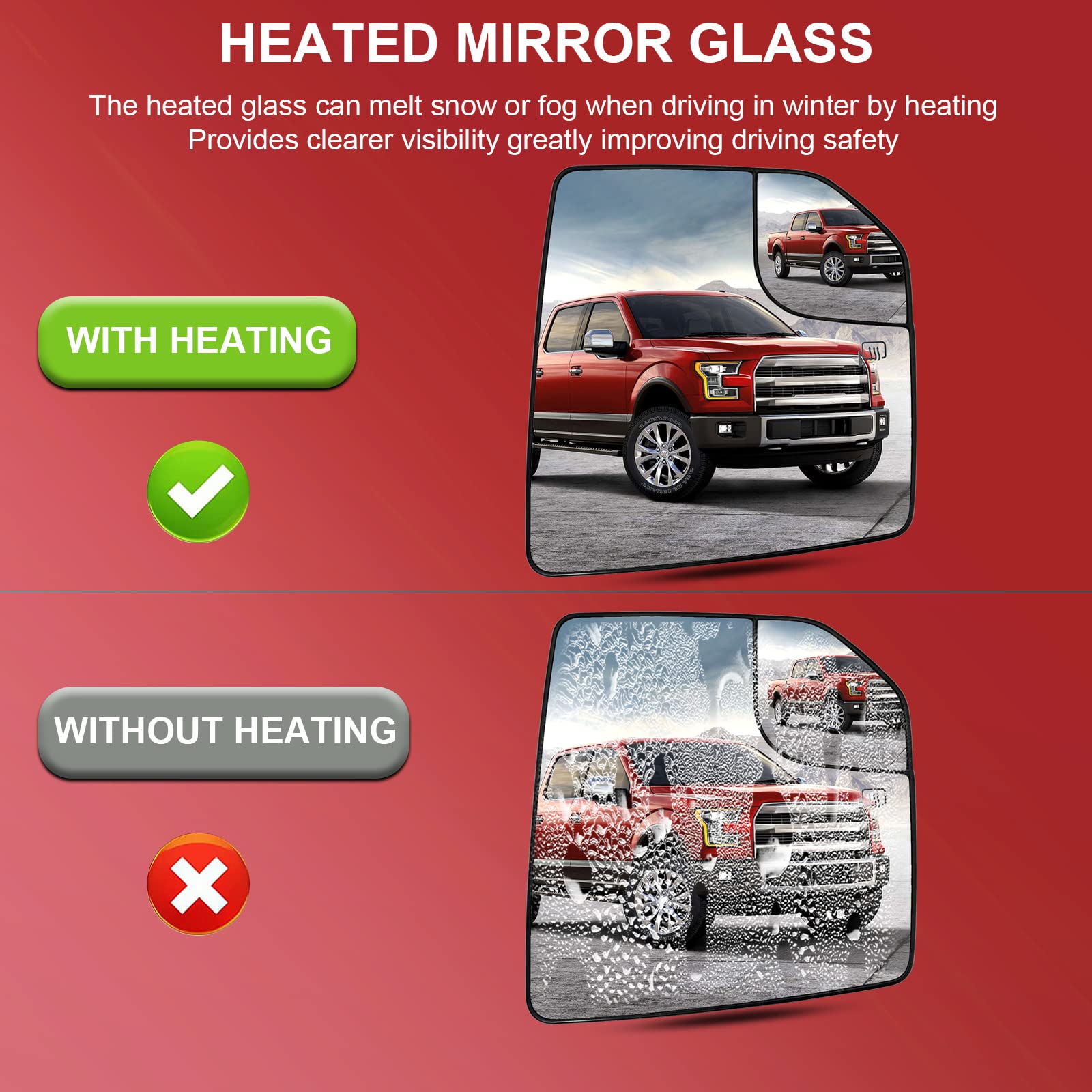 Passenger Side Heated Mirror Glass, Compatible with Ford F-150 2015 2016 2017 2018 2019 2020 Side View Convex Mirror Glass, Replace FL3Z17K707L