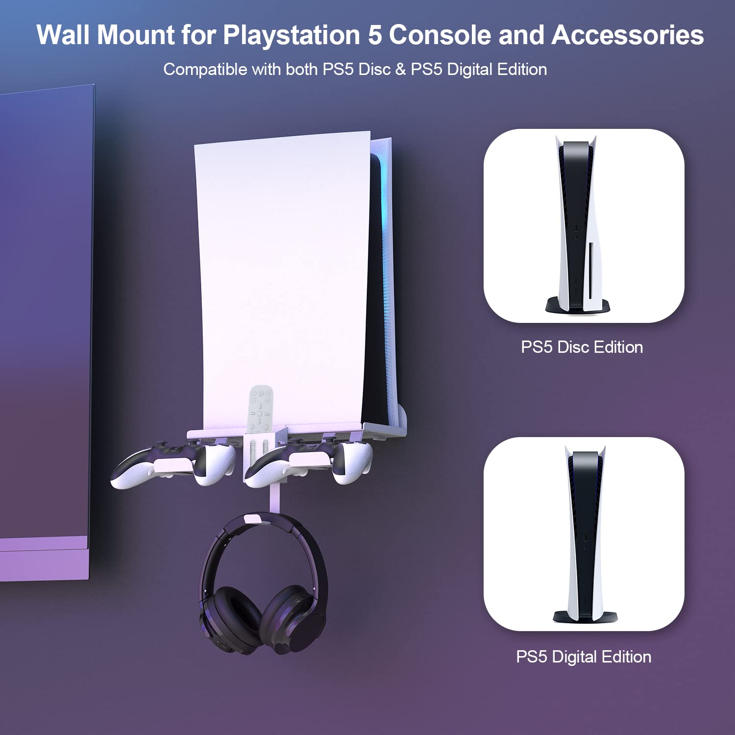 OUBANG for PS5 Wall Mount Holder, White Wall Mount Stand Work with Playstation 5 (Disc and Digital), 6 in 1 Hideout Mount for PS5 Console Metal Wall Mount Kit for PS5 Accessories with Charging Cable