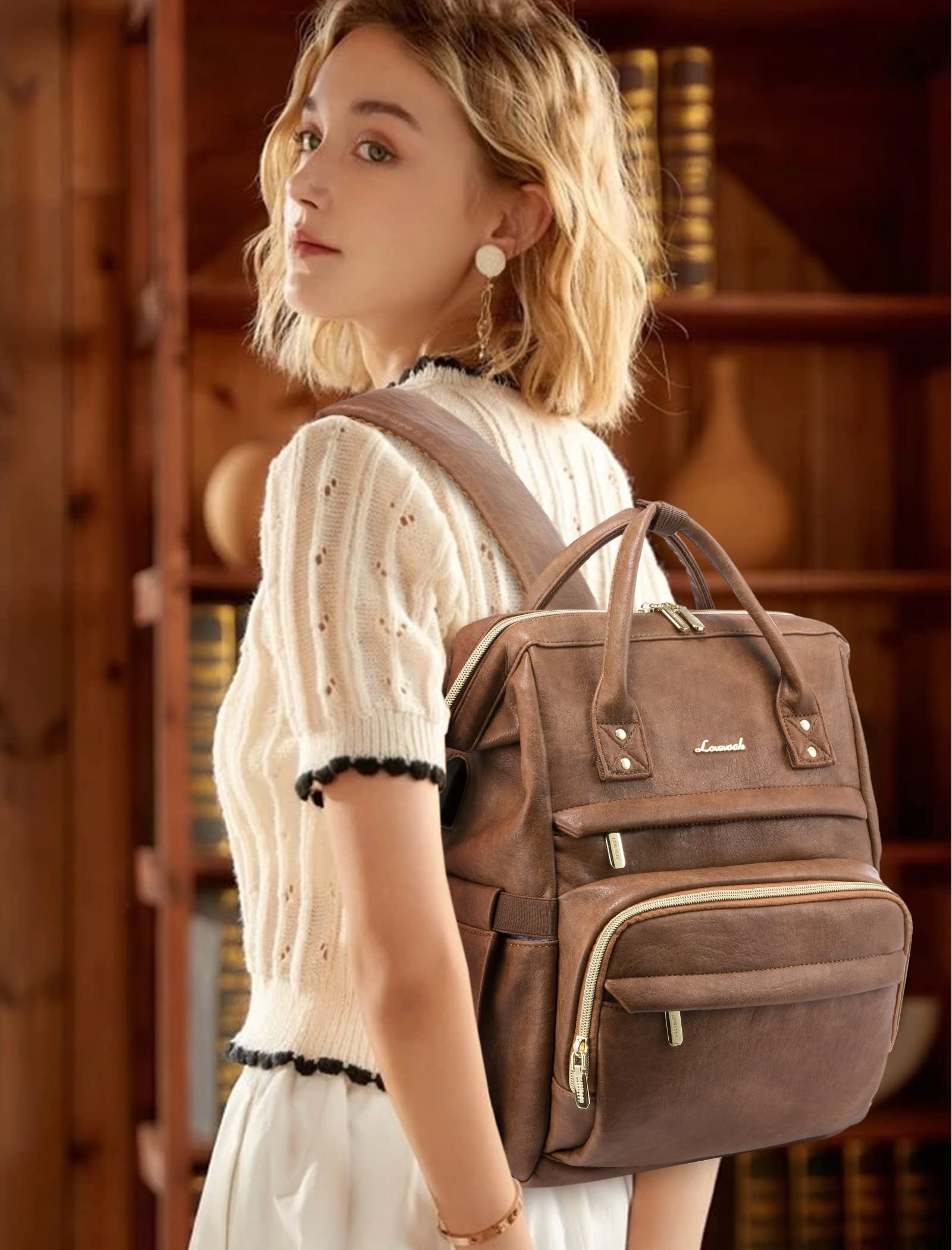 LOVEVOOK Women's Fashion Backpack Leather Bookbag Purse for Women Work Fits for 14 Inch Laptop,Brown