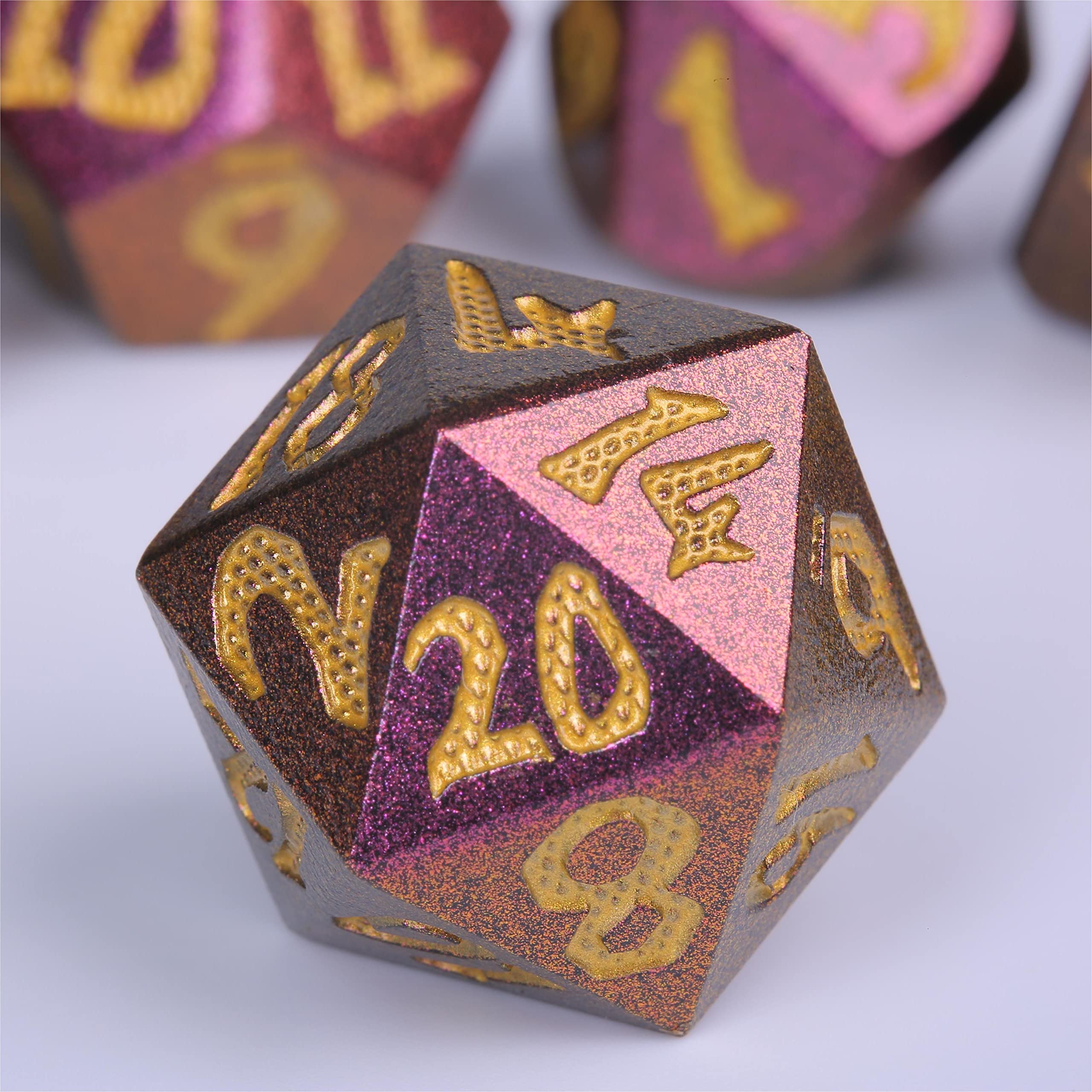 Metal Dice Set with Gift Box-7 Pcs DND Dice Set Purple Surface and Golden Number for Dungeons and Dragons RPG Games