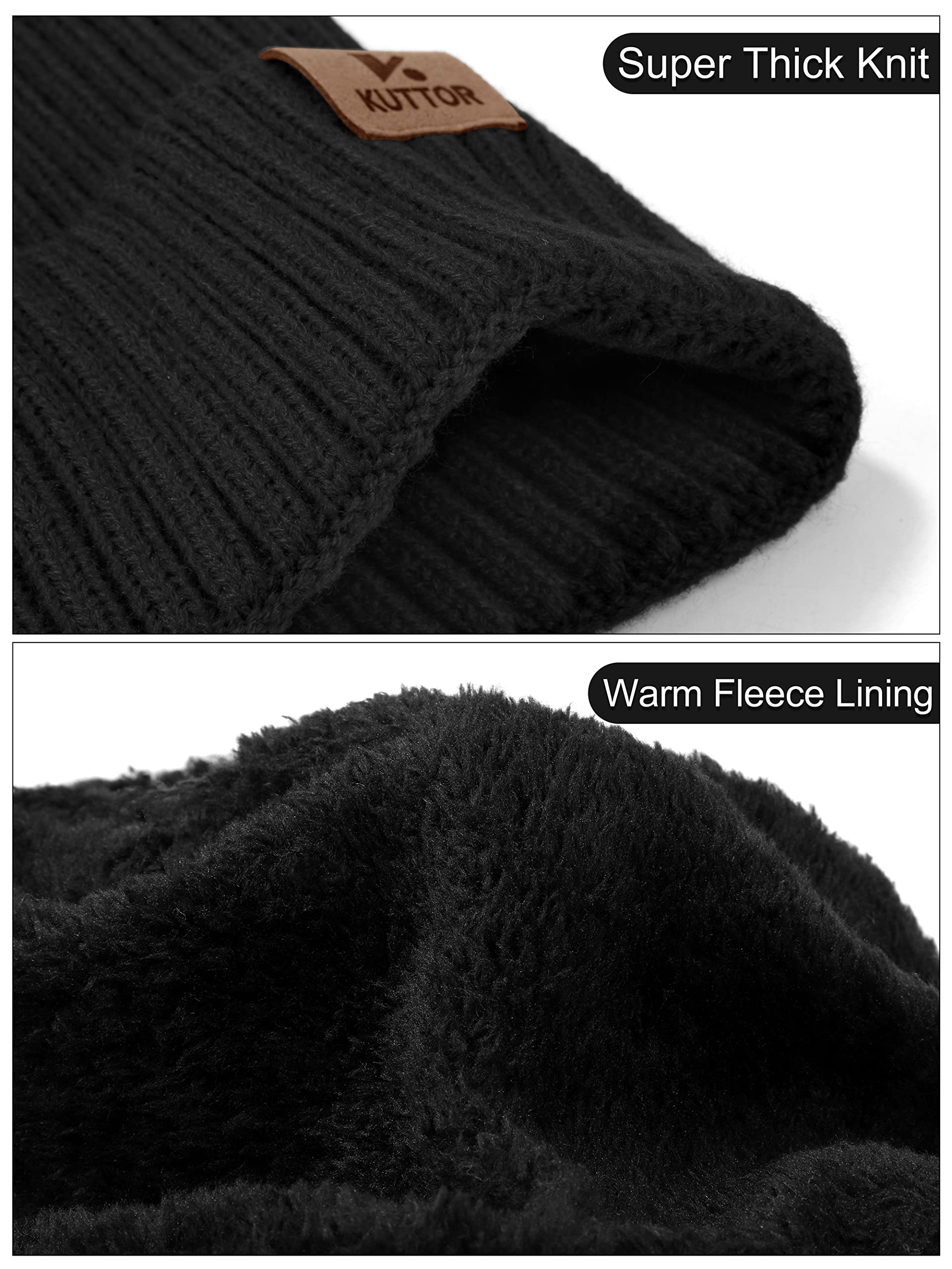 KUTTOR 2 Pack Unisex Knit Beanie Hat Winter Skull Knitted Cuff Cap Roll-up Edge Cuffed Plain Hat for Men Women Black, Khaki