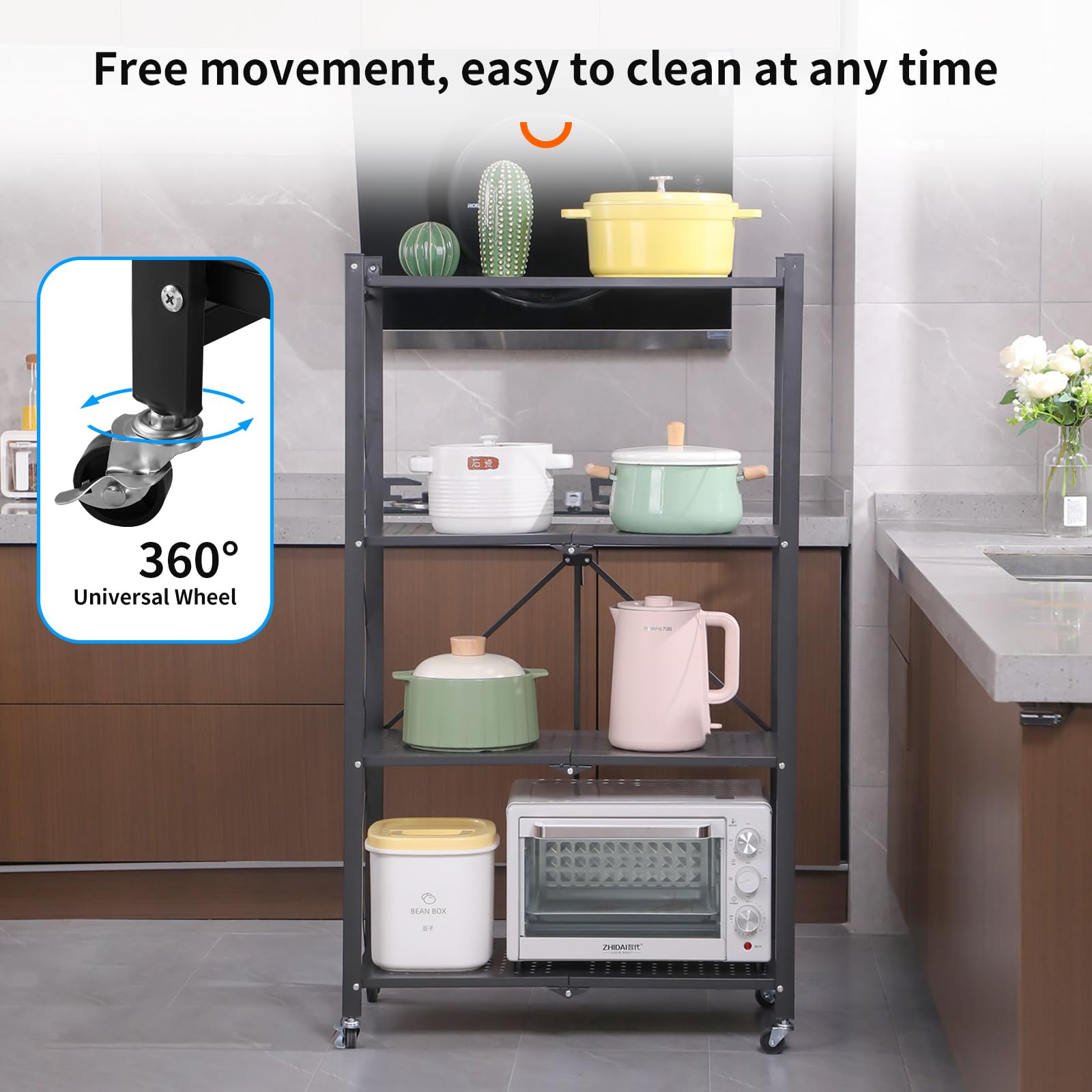 JOYBOS 4-Shelf Foldable Storage Shelves with Wheels, Heavy Duty Metal Shelving, No Assembly Organizer Wire Shelf Rack for Garage Kitchen, Basement, Pantry, Holds up to 1000 poundsā¦