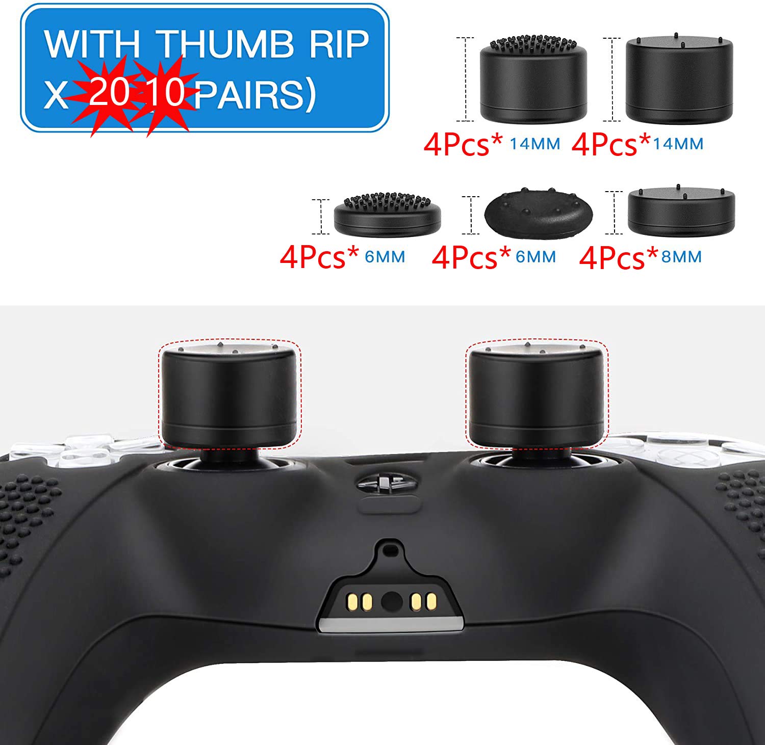 KENBU 2Pack Silicone Protective Cover Compatible with Sony PS5 Dualsense Controller, with Thumb Grips(Black) x 20 (Black&Black)