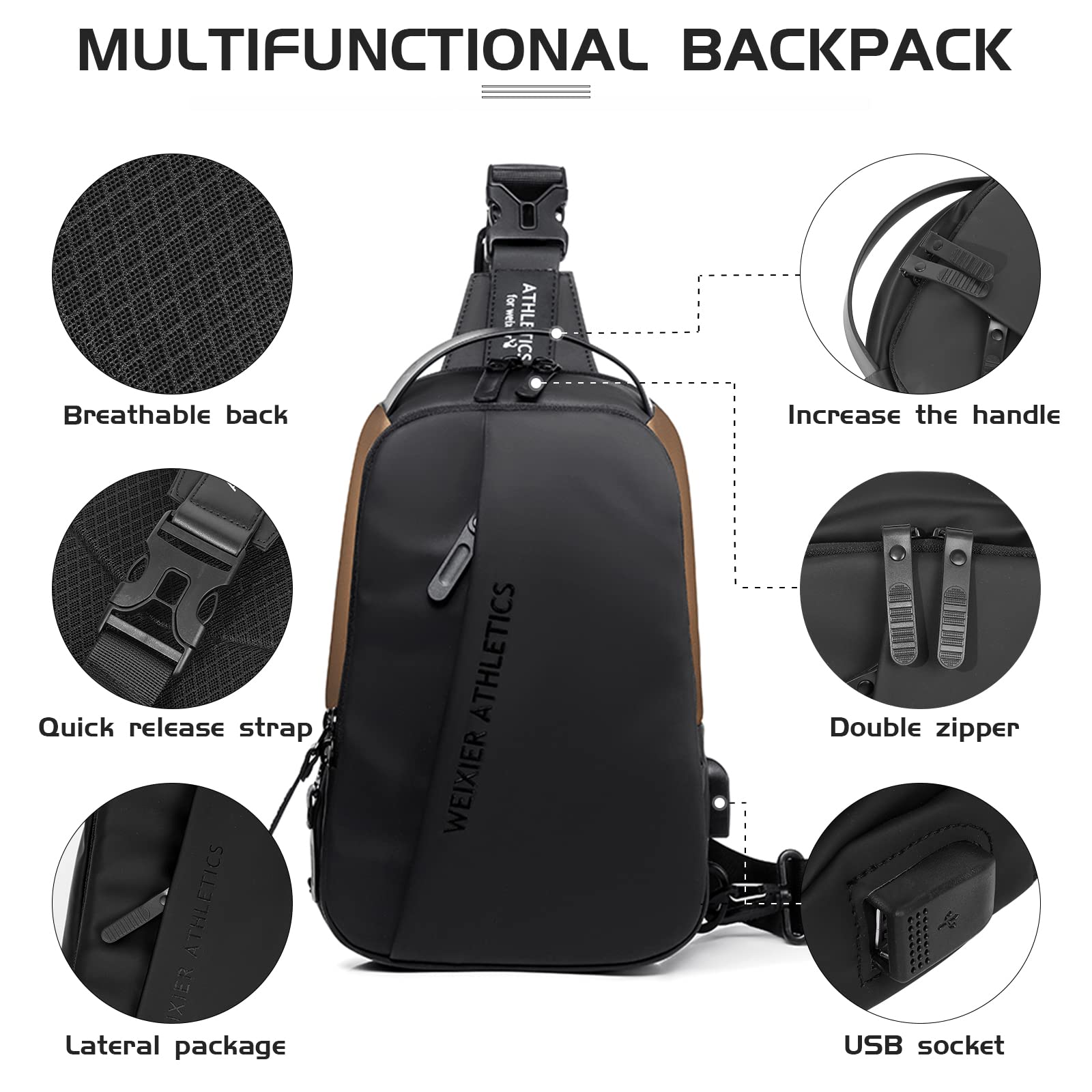 Konelia Crossbody Sling Bag Men Backpack Shoulder Bag Waterproof Chest Bag Backpack for Hiking Walking Biking Travel Cycling