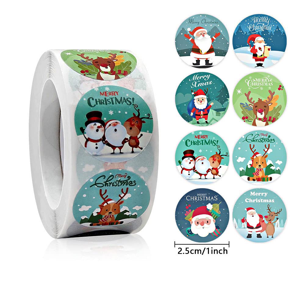 MTYTOT 1000 Pieces Christmas Sticker for Envelope, 1" Round Merry Christmas Sticker, 8 Designs Christmas Decoration Envelope Seal Sticker Card Gift Envelope Box(2 Roll 16 Designs 1inch)
