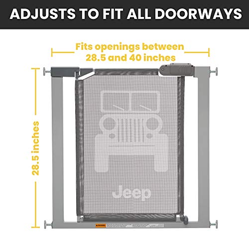 Jeep Adjustable Baby and Pet Safety Gate by Delta Children | Easy Fit | Pressure Mount | Design with WalkThrough Door โ Fits Openings Between 28.5-40 Inches Wide, Grey