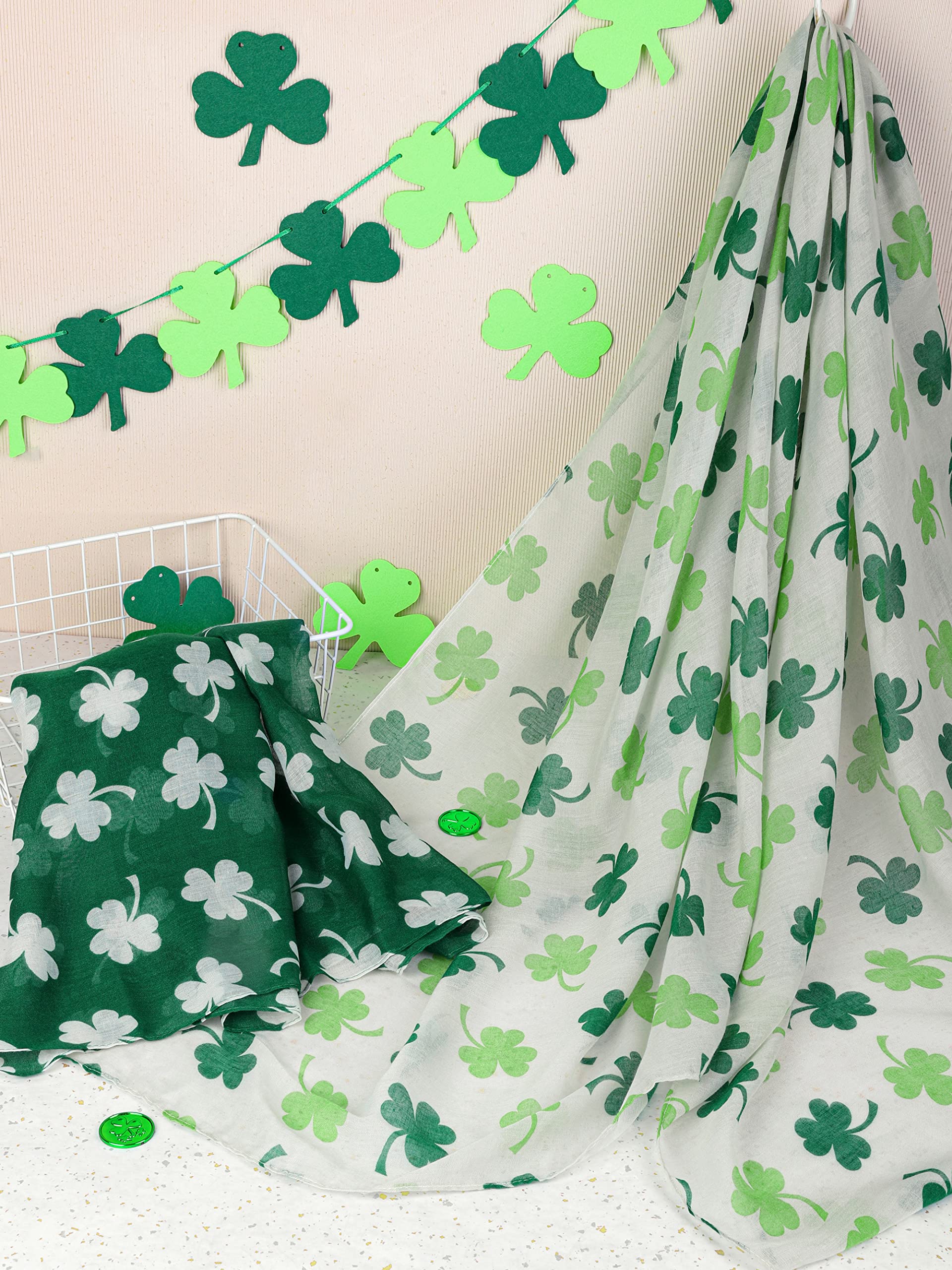 KUTTOR 2 Pack Women's St Patrick's Day Long Shamrock Scarf Irish Clover Silky Stripe Irish Theme Print Wrap Shawls for Women