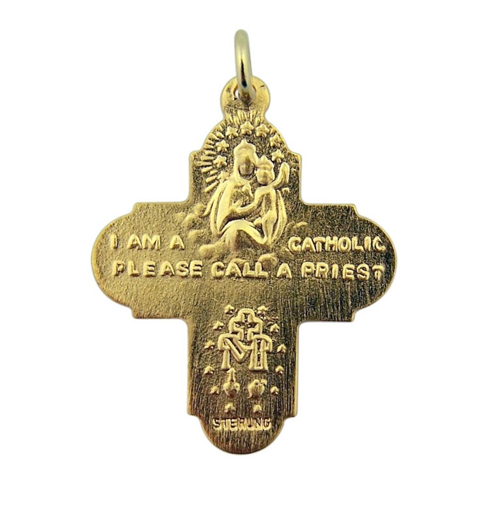HMHInc 14K Gold Plate Overlay Sterling Silver 4-Way Miraculous Scapular Medal Pendant, 1 1/16 Inch