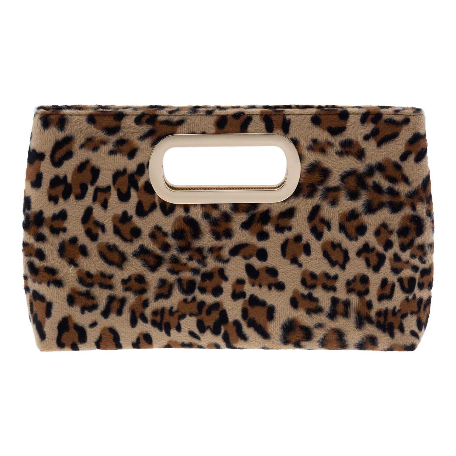 Leopard Print Faux Fur Top Handle Clutch, Mustard
