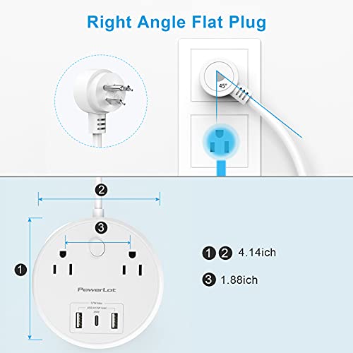 PowerLot Power Strip with 2 Outlets, 3 USB (2A+1C), 5TF Extension Cord Power Strip with PD 45W USB C for Laptop, Flat Plug Power Strip for Cruise Ship Travel Home and Office